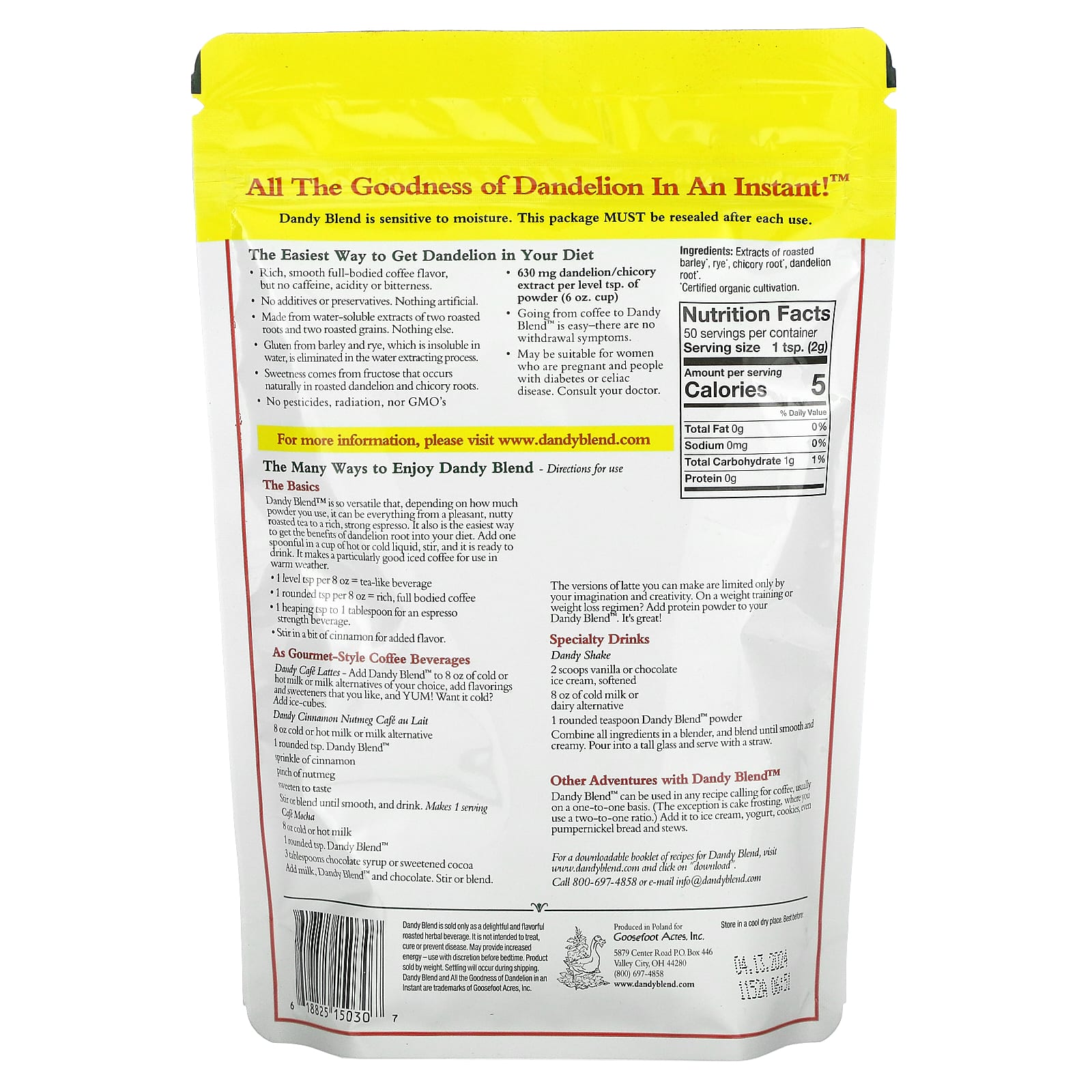 Dandy Blend, Organic Instant Herbal Beverage with Dandelion, Caffeine ...