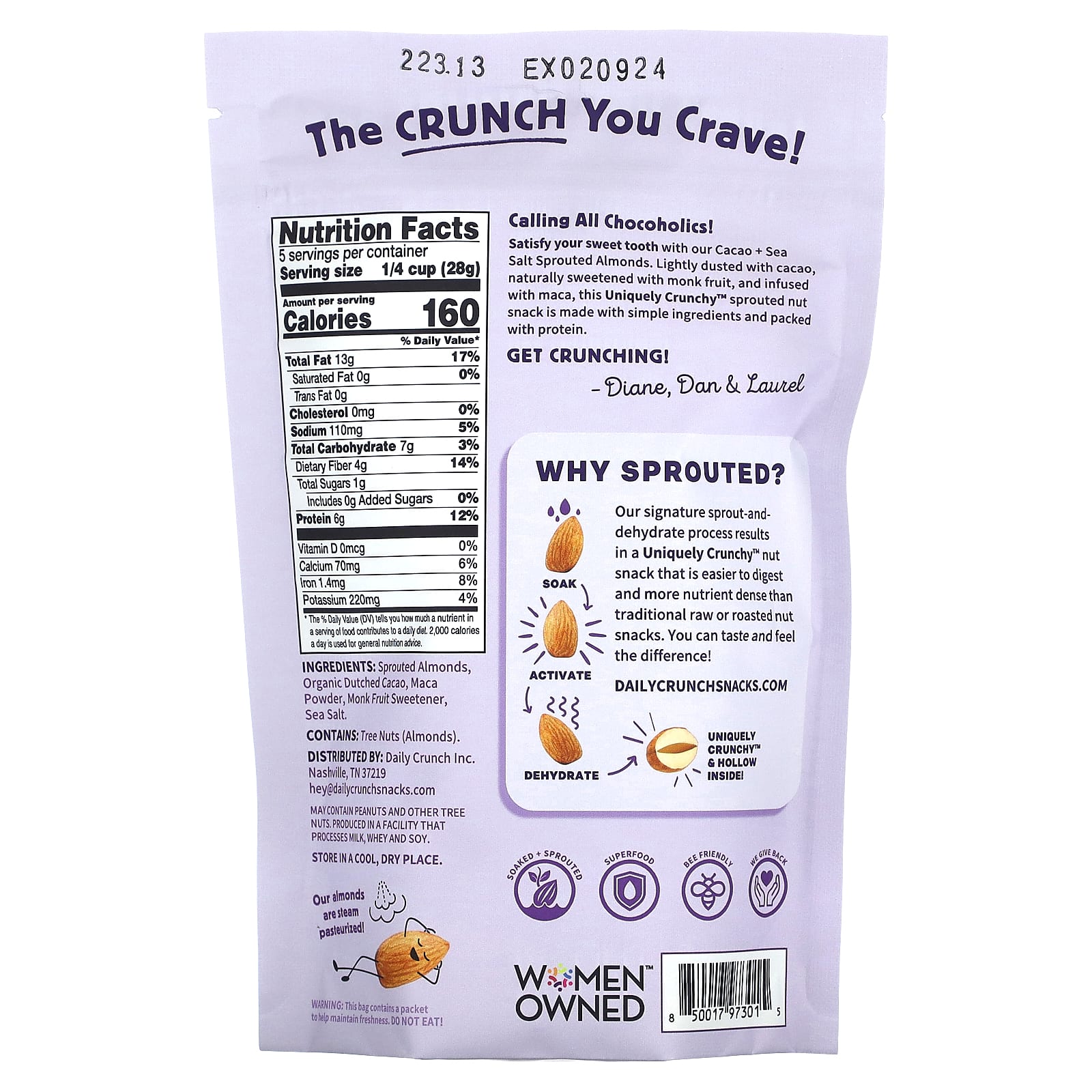 Daily Crunch, Sprouted Almonds, Cacao + Sea Salt, 5 oz (141 g)