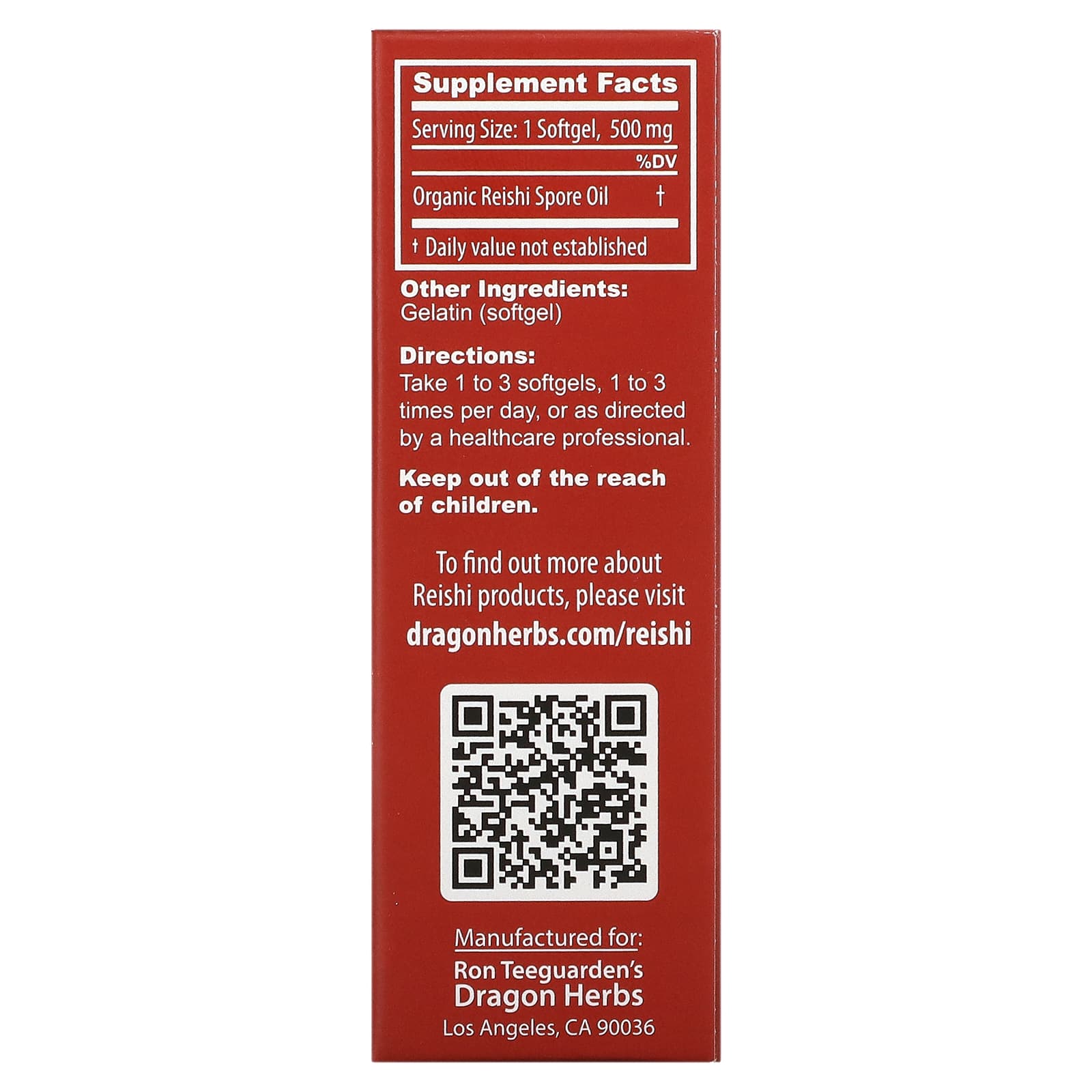 Dragon Herbs, Duanwood Reishi Spore Oil, 500 mg, 30 Softgels