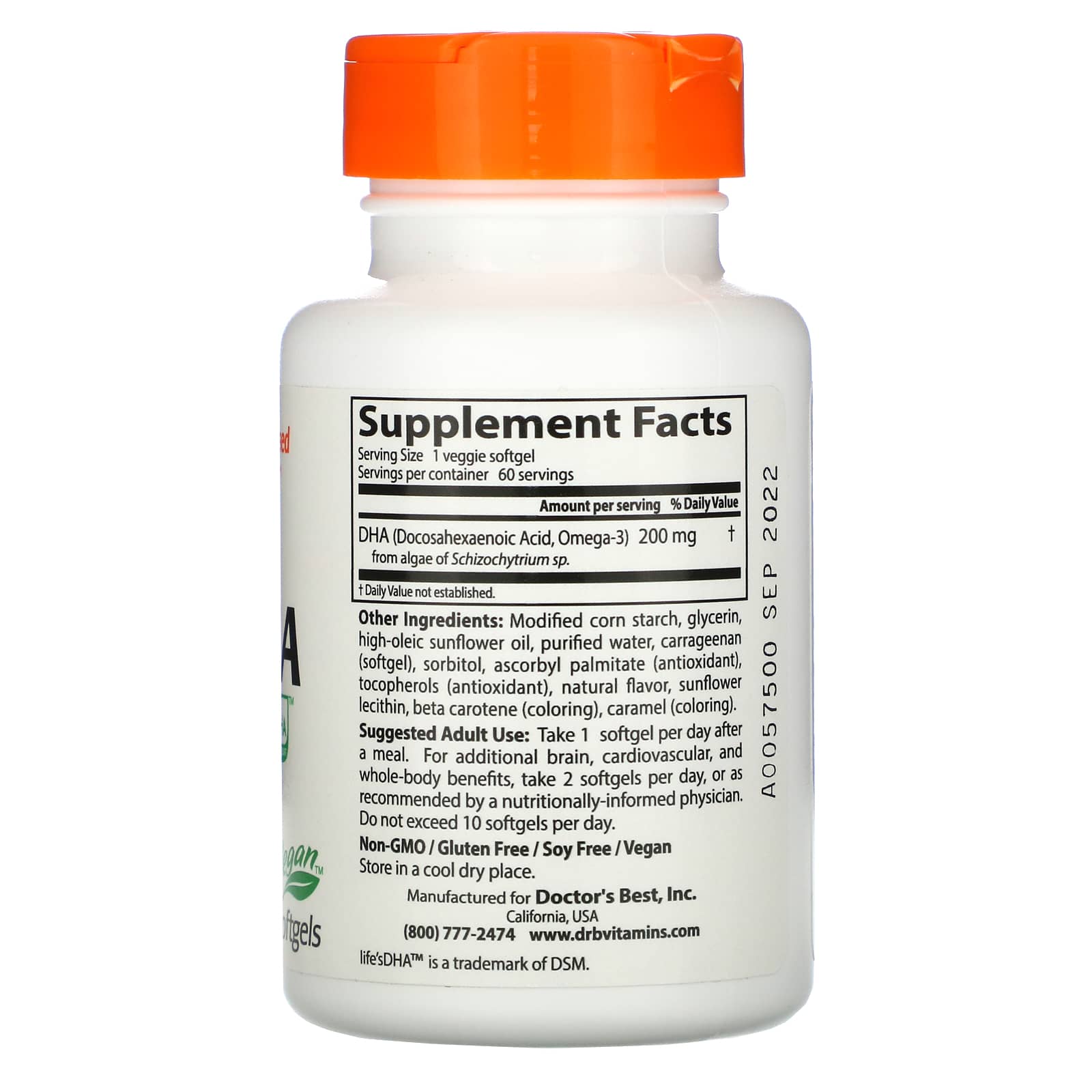 Doctor's Best, Vegan DHA from Algae with Life's DHA, 200 mg, 60 Veggie ...