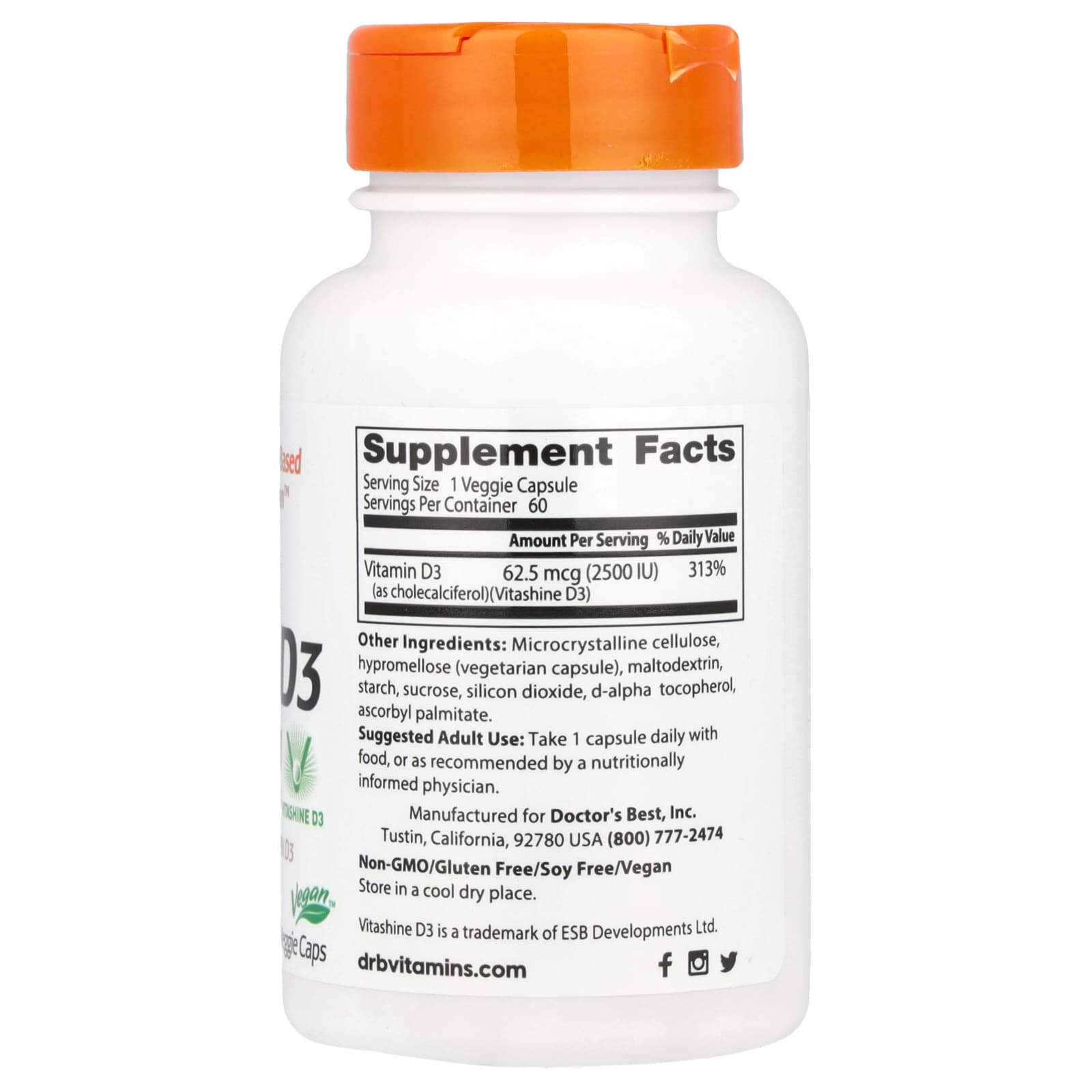 Doctor's Best, Vegan D3 with Vitashine D3, 62.5 mcg (2,500 IU), 60 ...