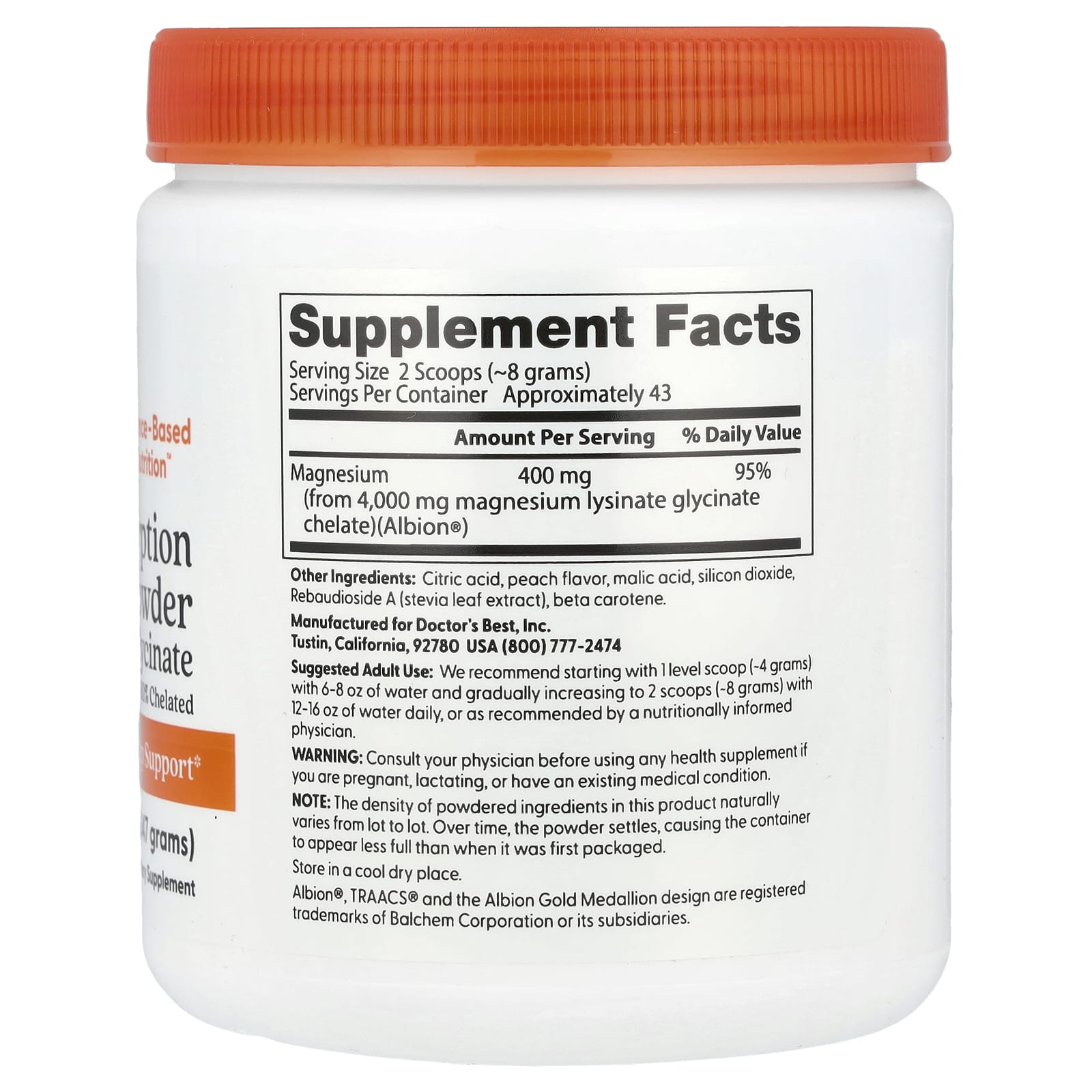 Doctor's Best, High Absorption Magnesium Powder, Sweet Peach, 12.3 oz ...