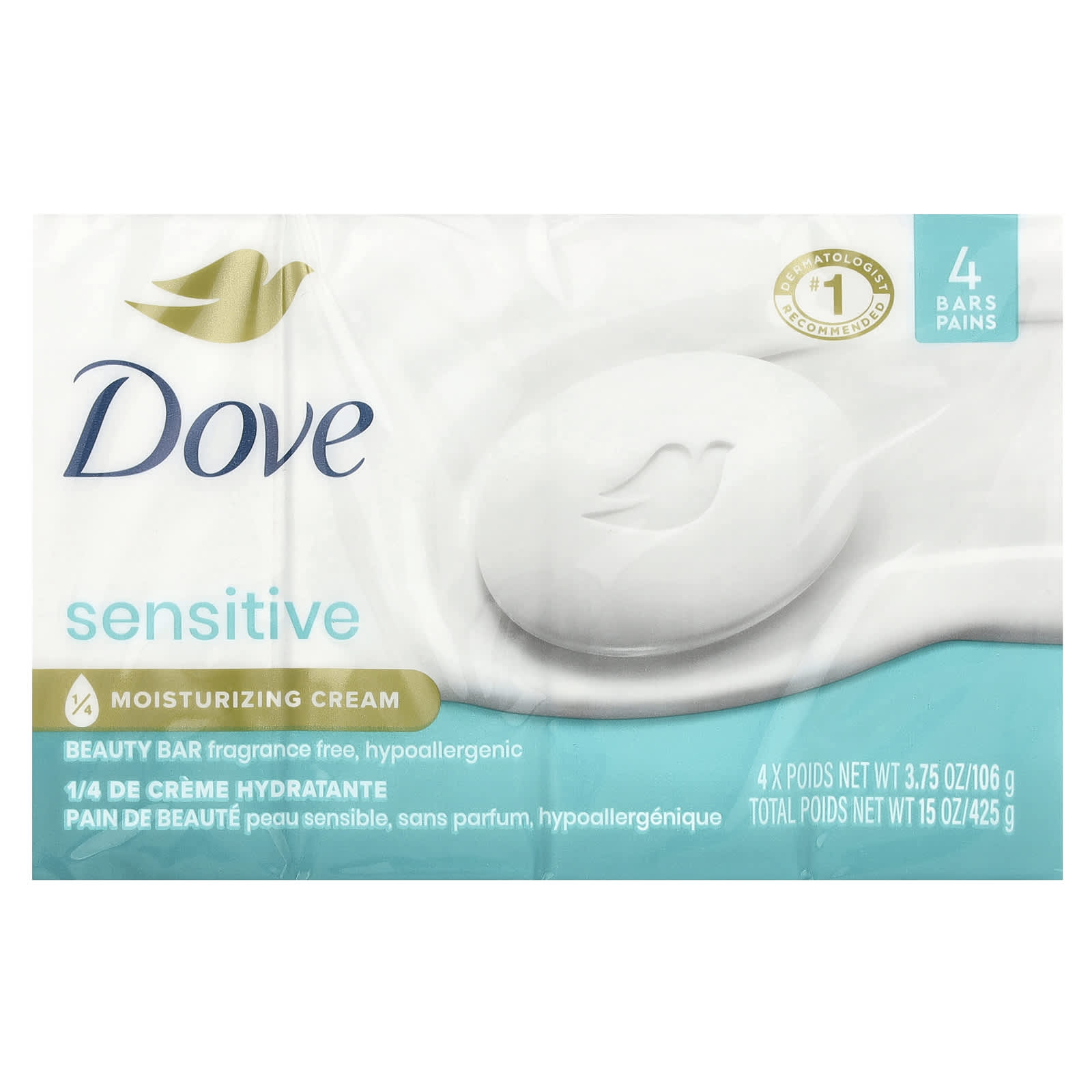 Dove, Beauty Bar Soap, Sensitive Skin, Fragrance Free, 4 Bars, 3.75 oz ...