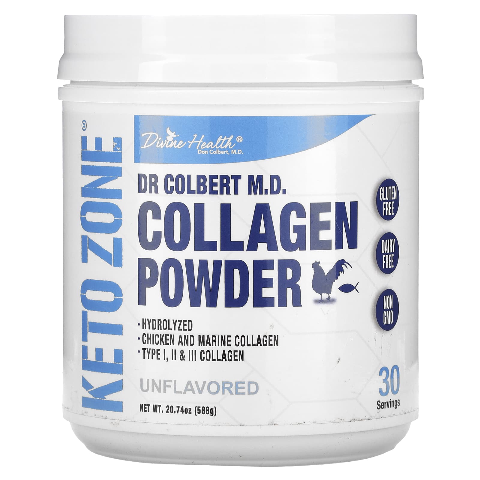 Divine Health, Dr. Colbert's Keto Zone, Collagen Powder, Unflavored, 20 ...