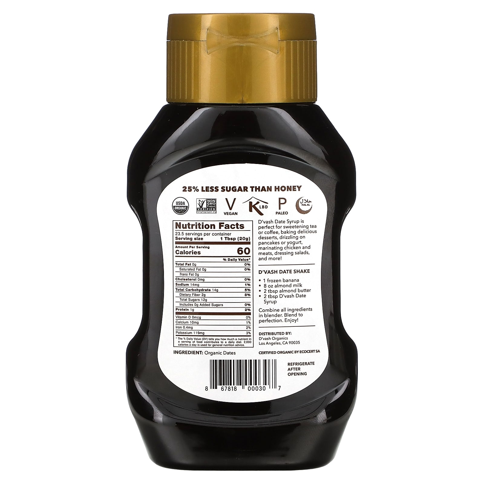 D'vash Organics, Organic Date Syrup, 16.6 oz (470 g)