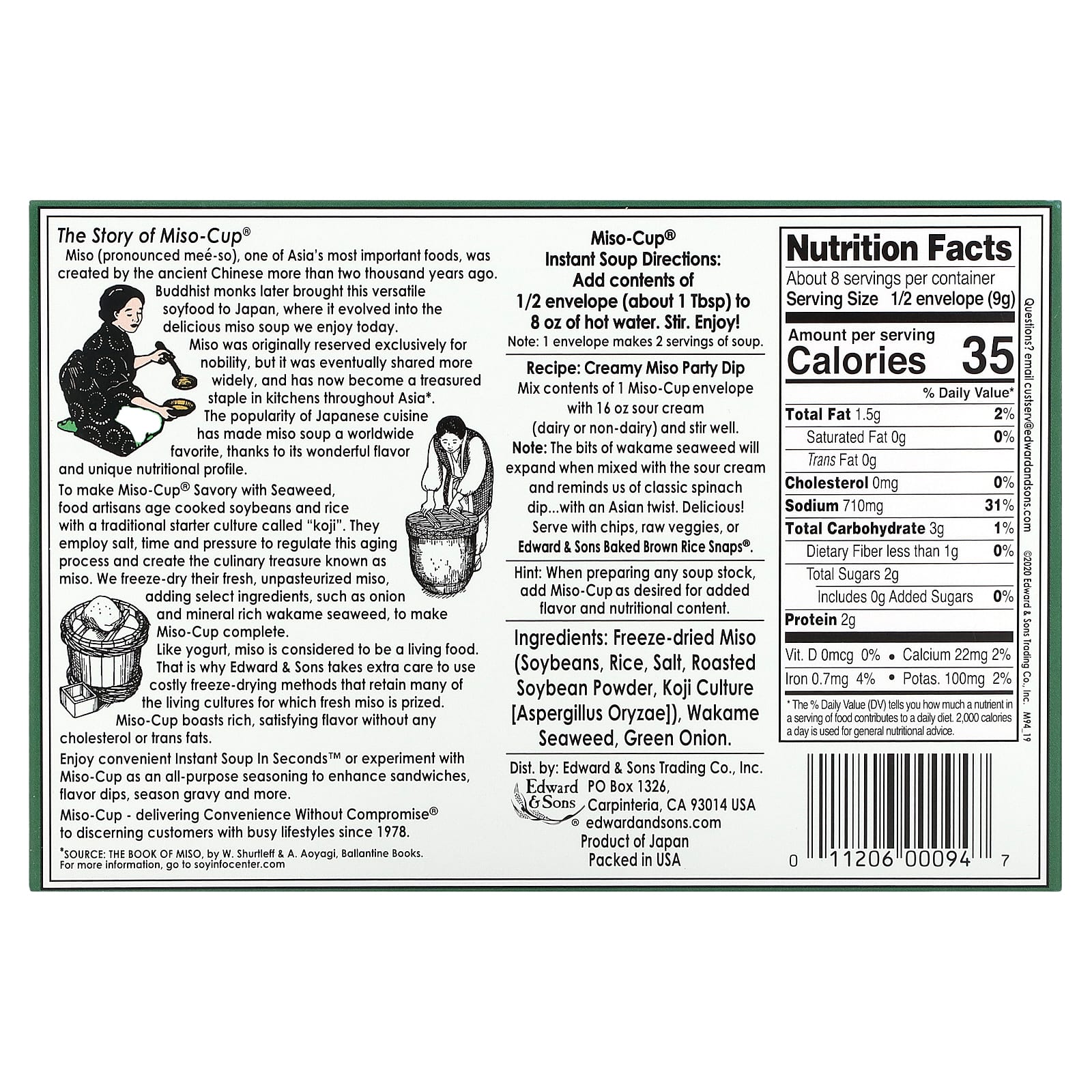 Edward & Sons, Instant Miso-Cup, Savory with Seaweed, 4 Envelopes, 2.5 ...