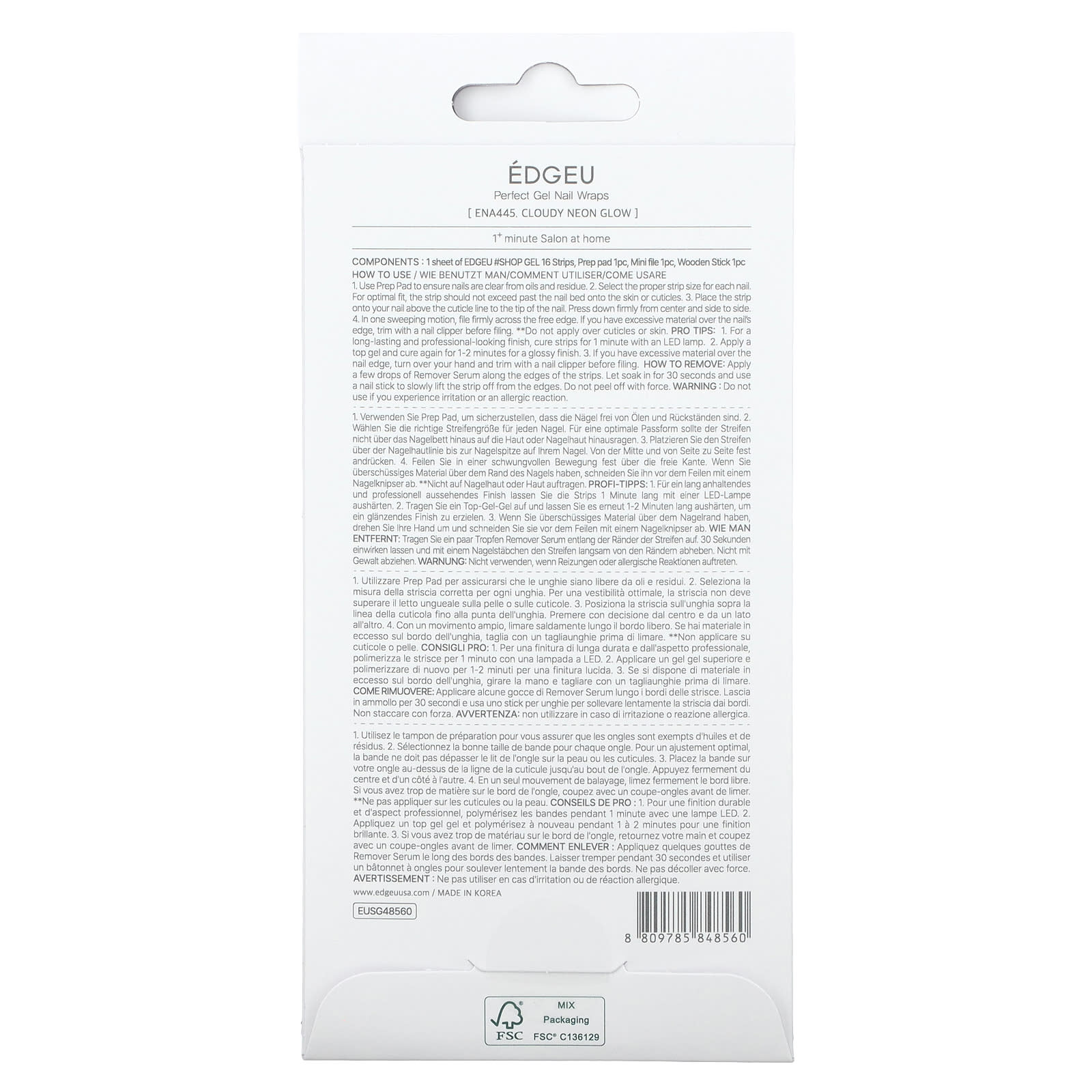 Edgeu, Perfect Gel Nail Wraps, ENA 445 Cloudy Neon Glow, 19 Piece Set