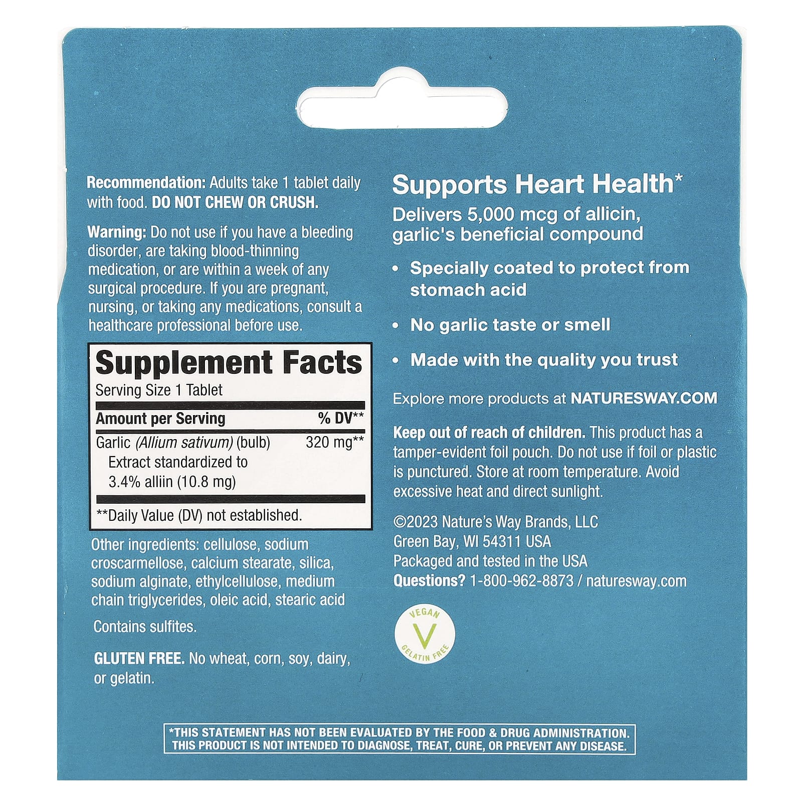 Nature's Way, Garlinase® 5000, 마늘 추출물, 320mg, 비건 장용 코팅 30정