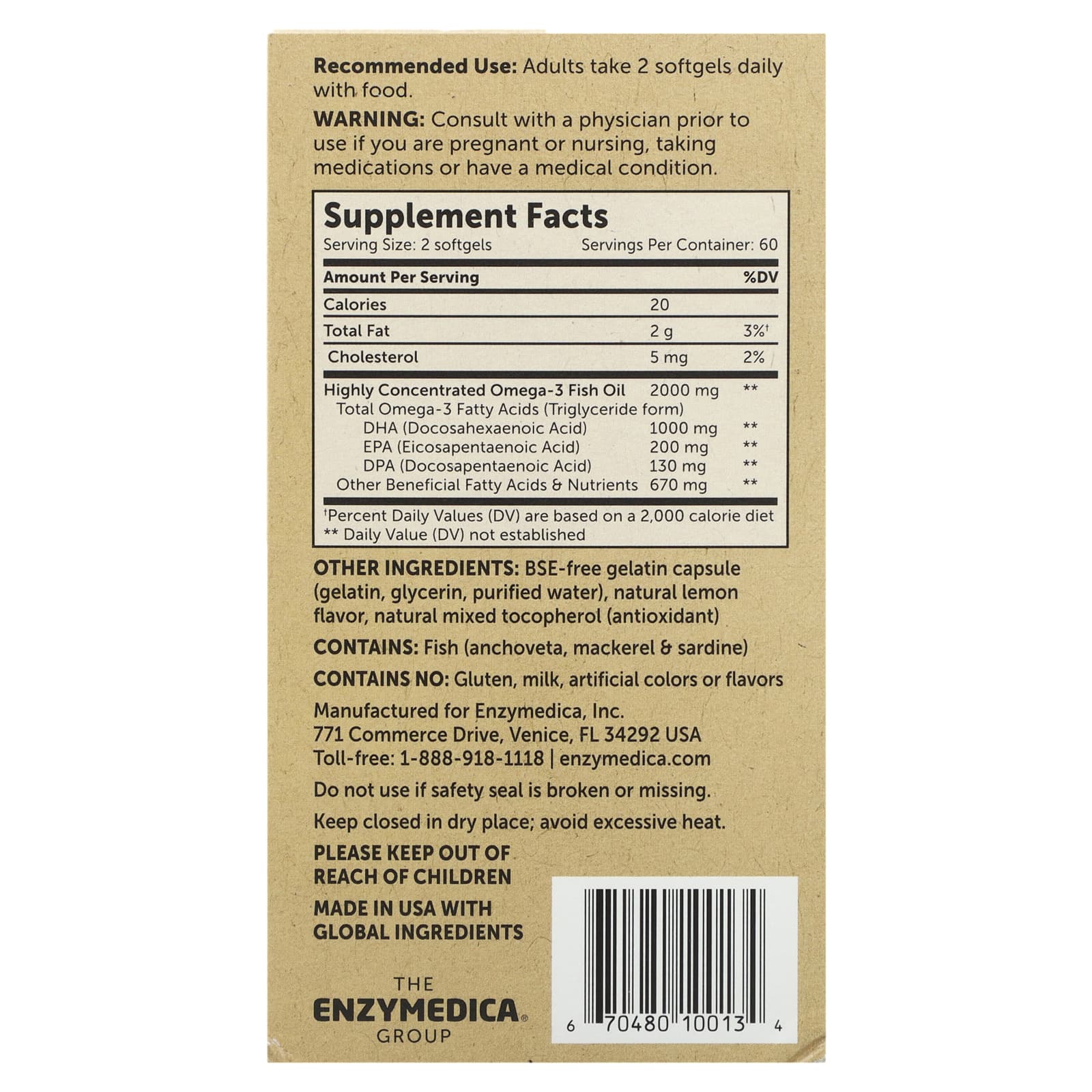 Enzymedica, Maximum Strength, Omega-3, Lemon, 2,000 mg, 120 Soft Gels ...