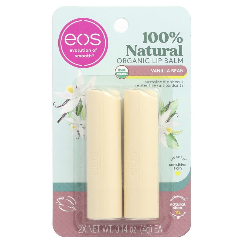 100 Natural Organic Lip Balm Vanilla Bean 2 Pack 0.14 oz 4 g Each