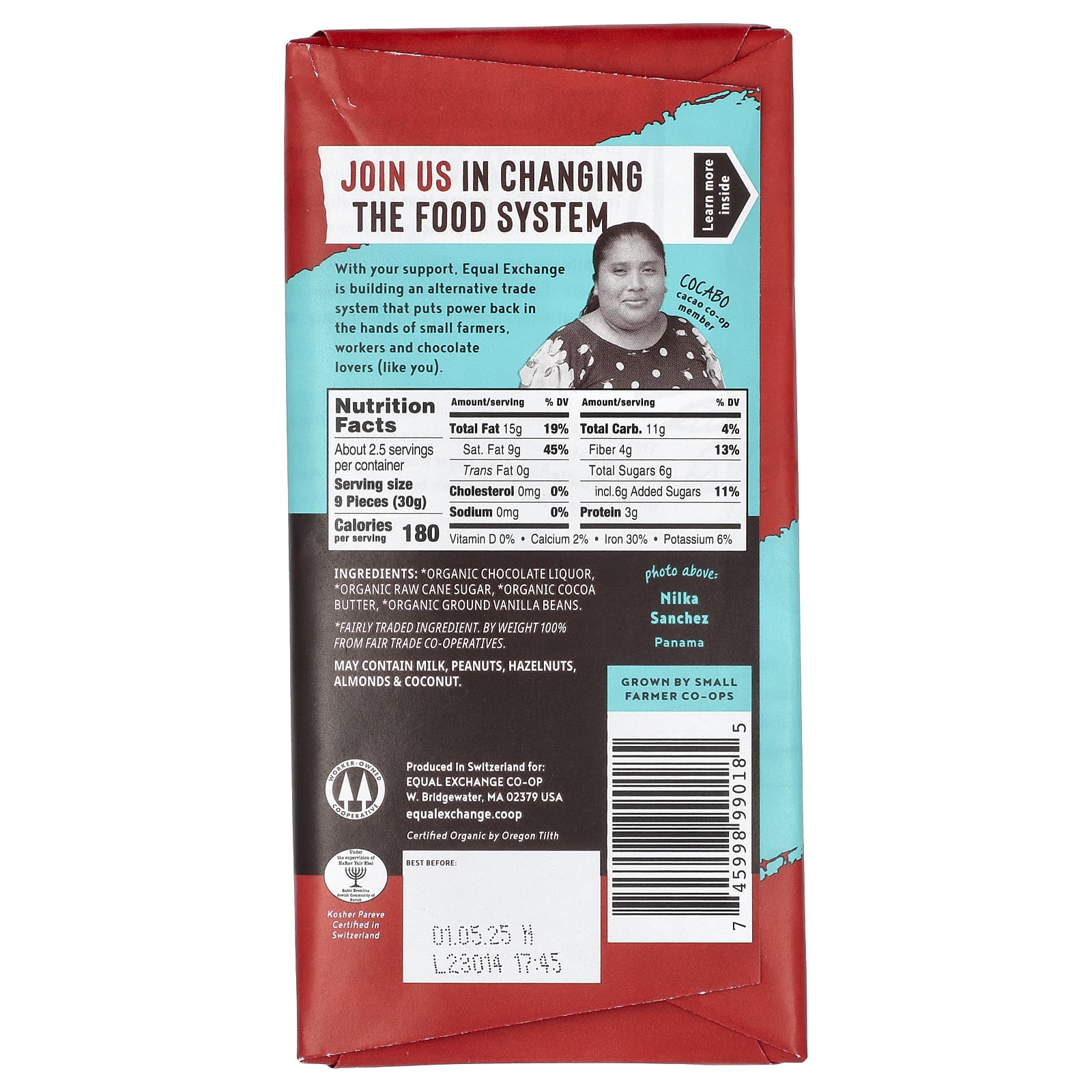 Equal Exchange, Organic Dark Chocolate, Panama Extra Dark, 80% Cacao, 2 ...