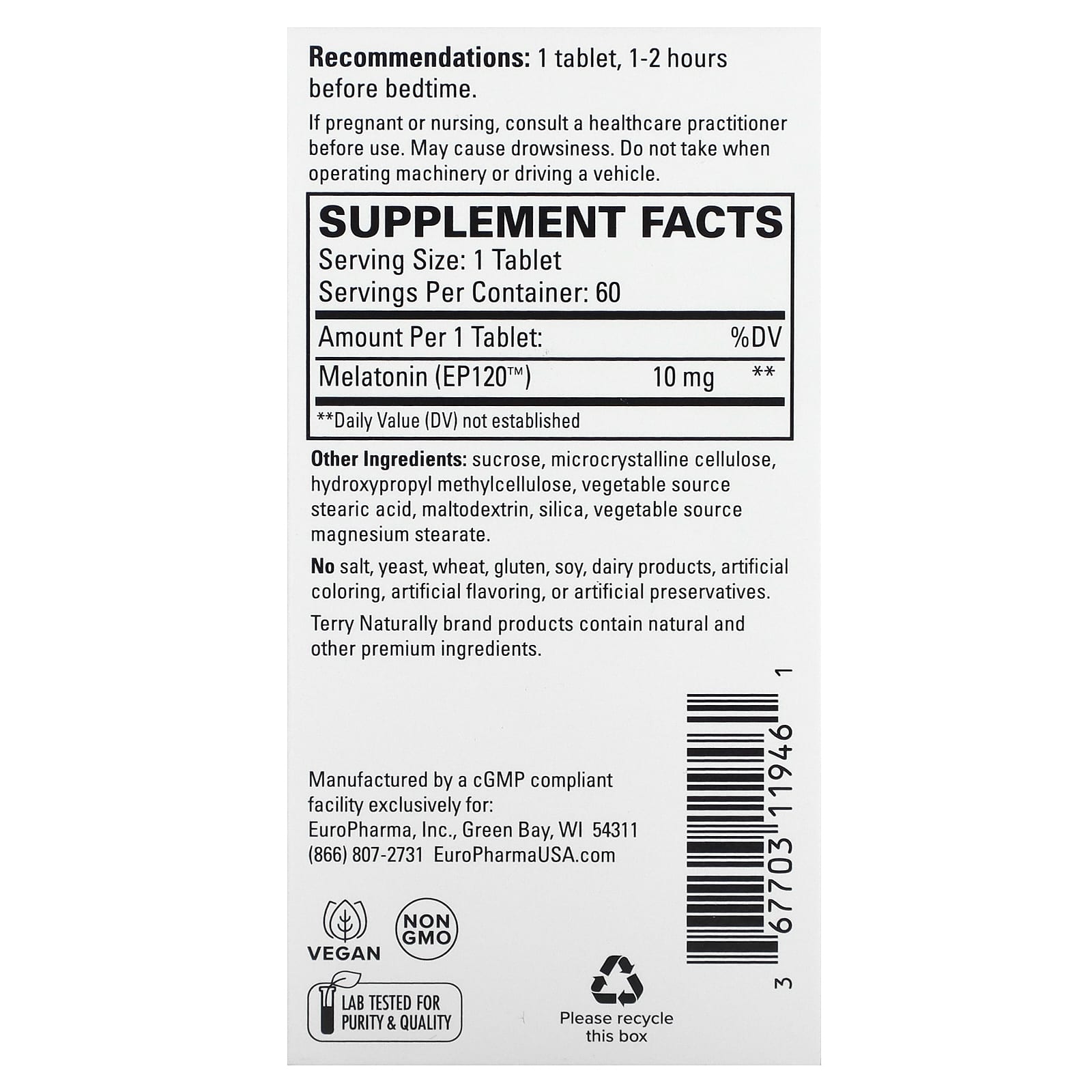 Terry Naturally, Melatonin EP120, Sustained Release, 10 mg, 60 Tablets