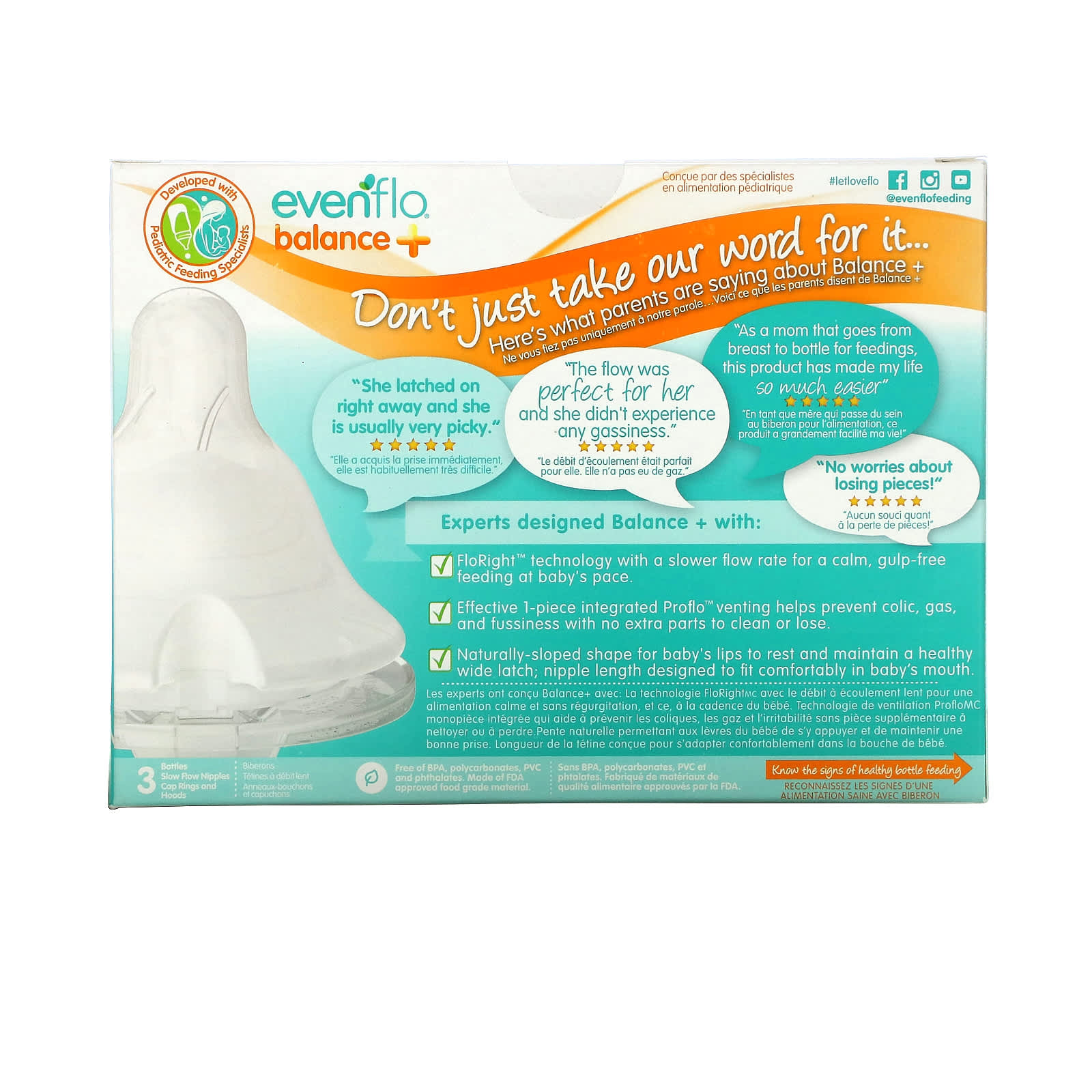 Evenflo Feeding, Balance+ Bottles, Wide, 0+ Months, Slow Flow, 3 ...