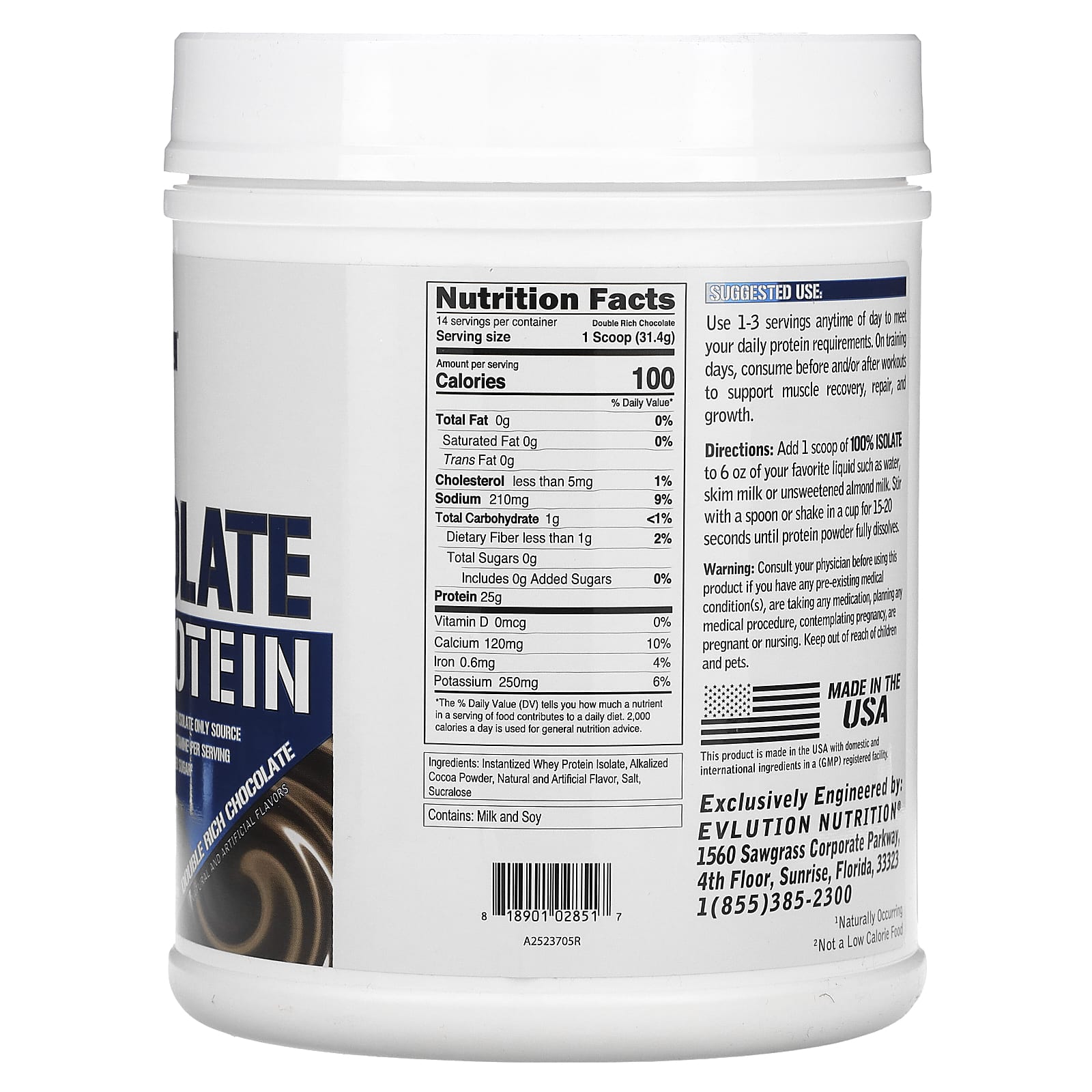 EVLution Nutrition, 100% Isolate Protein, Double Rich Chocolate, 1 lb ...