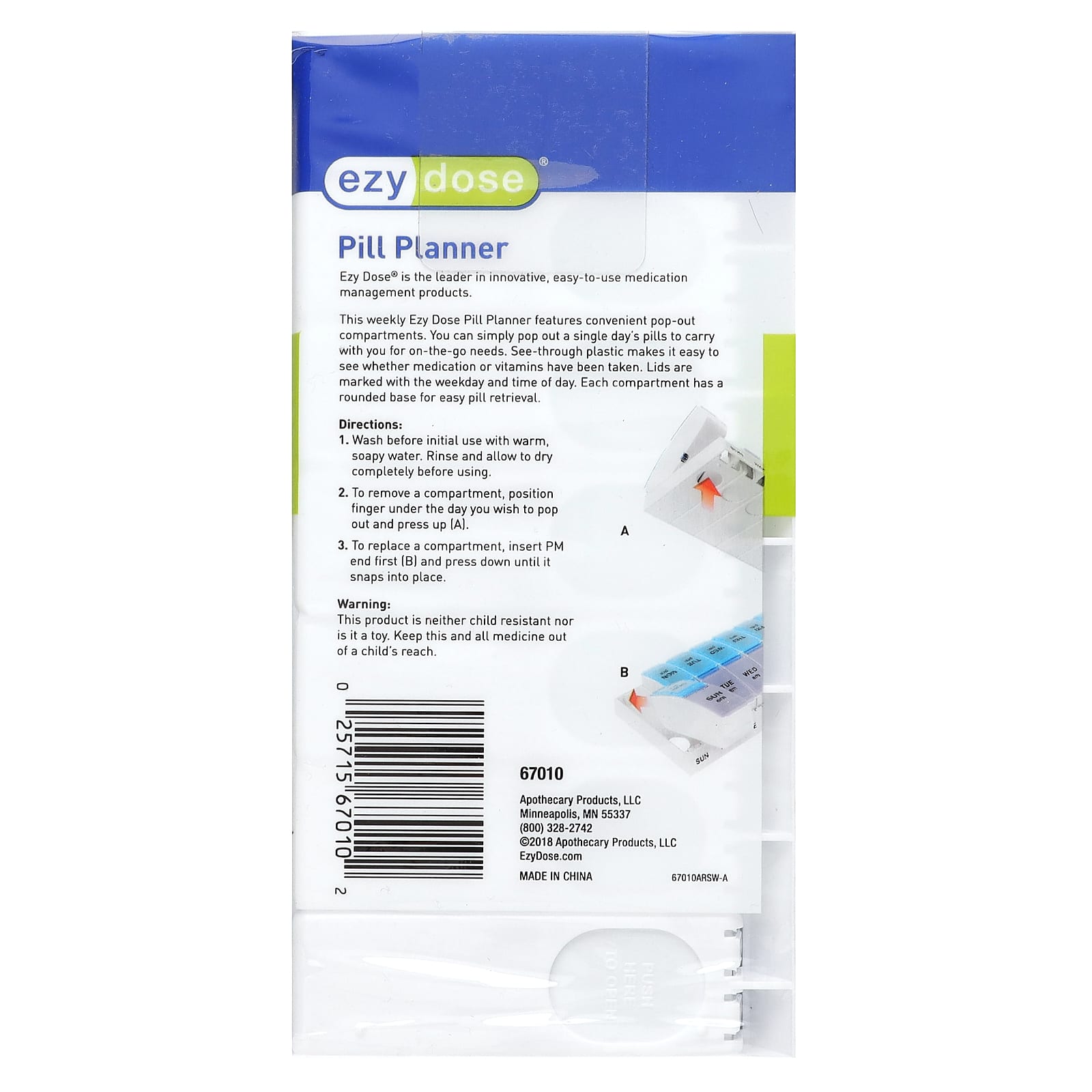 Ezy Dose, Weekly AM/PM with Pop-Outs Pill Planner, Large, 1 Count