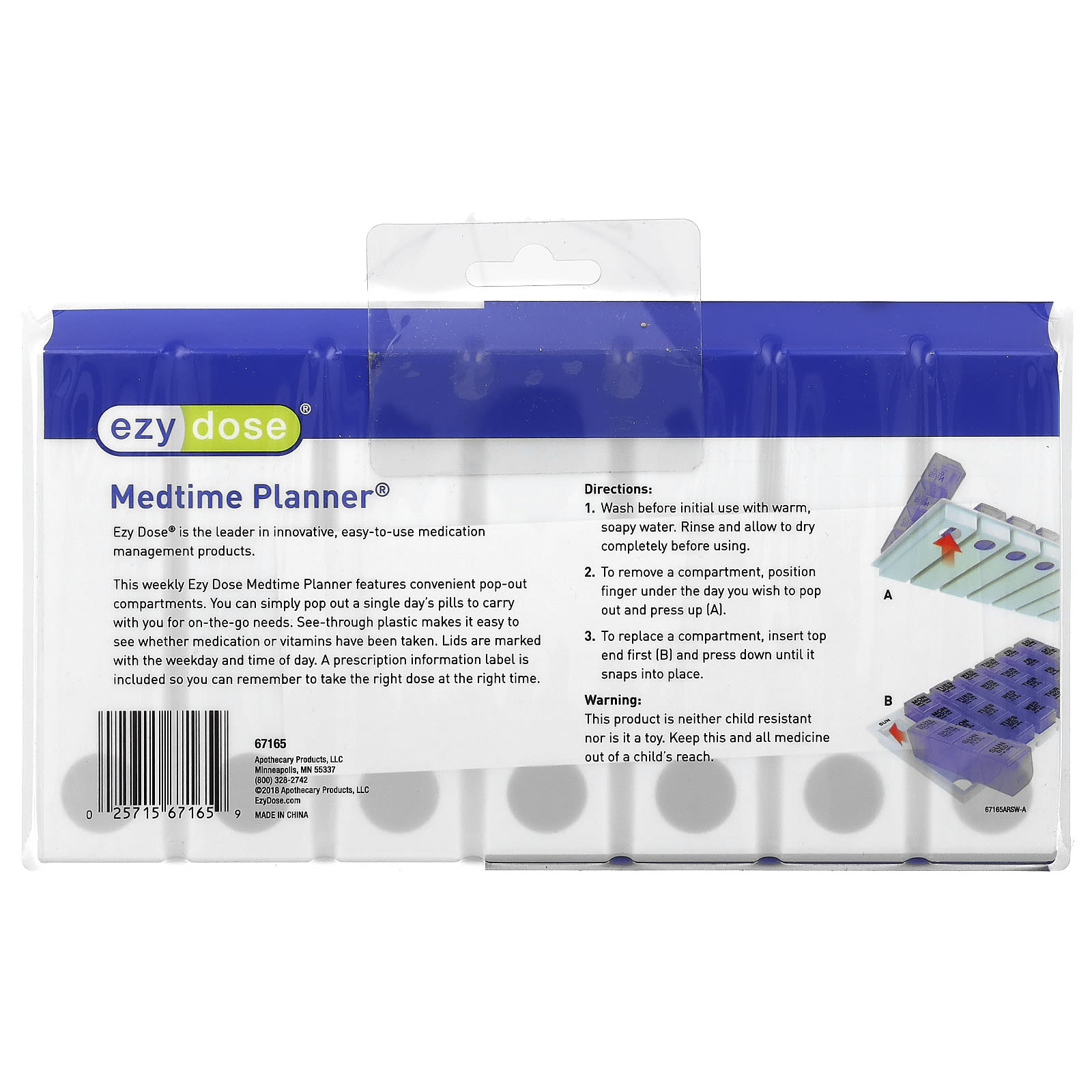 Ezy Dose, Weekly 4X/Day with Pop-Outs Medtime Planner, Large, 1 Count