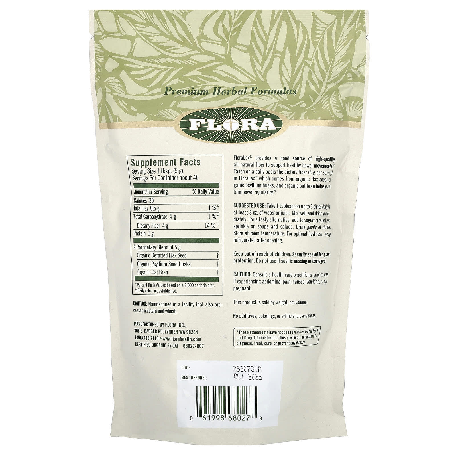Flora, Certified Organic FloraLax, 7 oz (198 g)