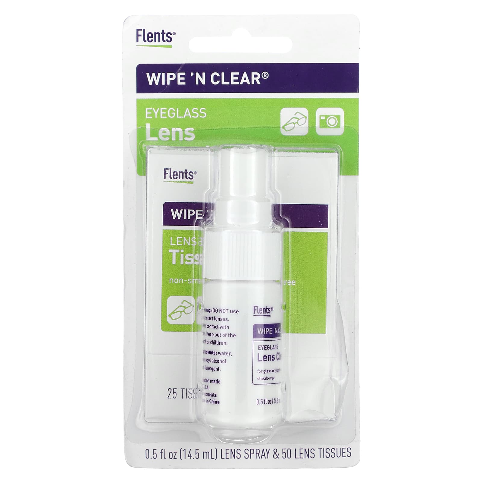 Flents, Wipe 'N Clear, Eyeglass Lens Cleaner, 50 Wipes, 1 Spray, 0.5 fl ...