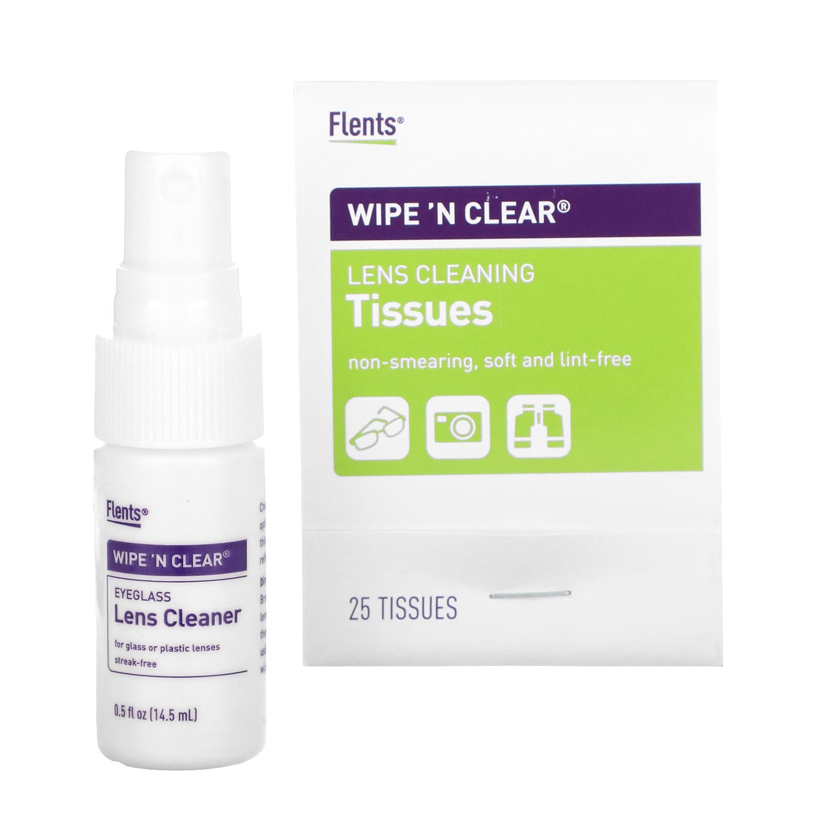 Flents, Wipe 'N Clear, Eyeglass Lens Cleaner, 50 Wipes, 1 Spray, 0.5 fl ...