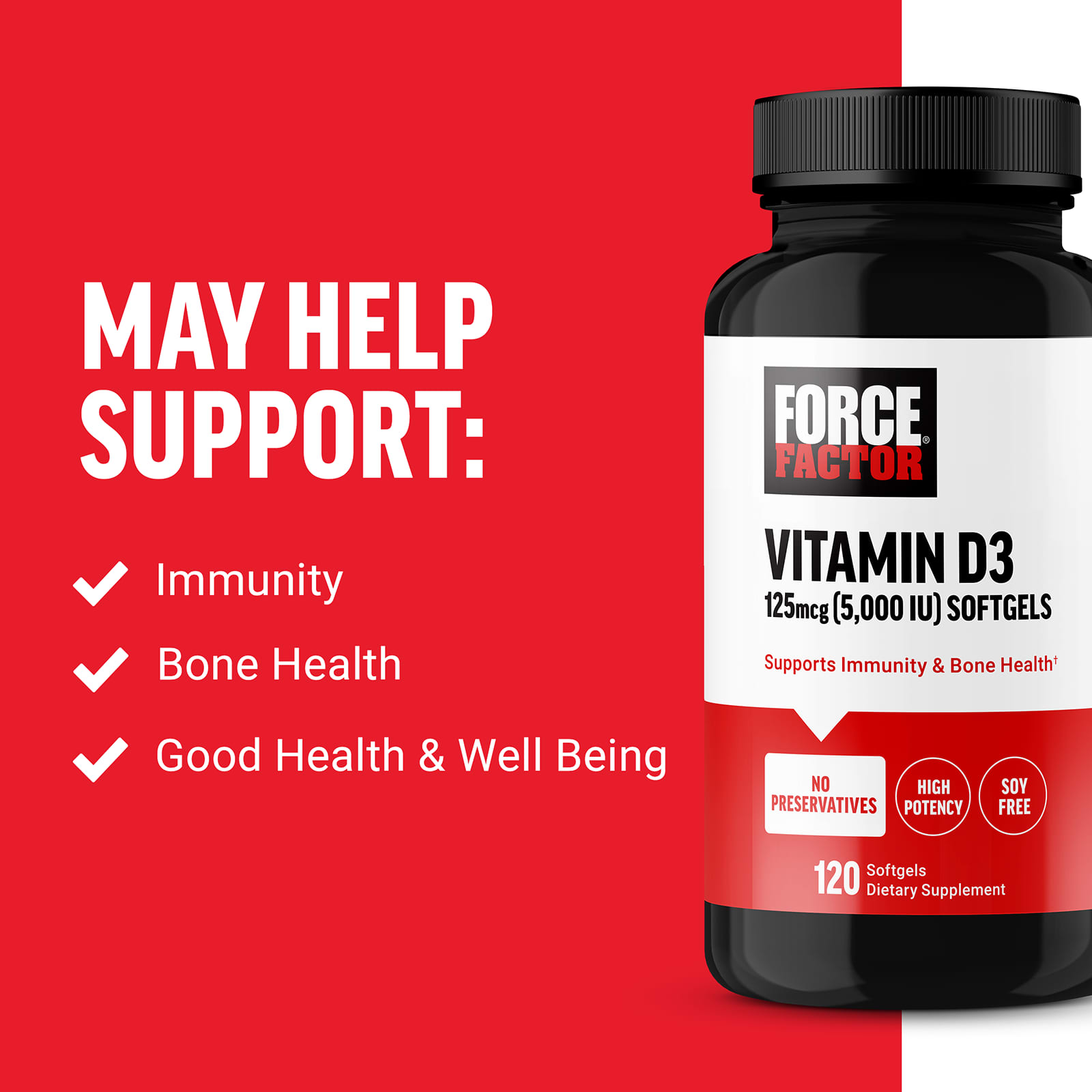 Force Factor‏, "ויטמין D3, ‏125 מק""ג (5,000 יחב״ל), 120 כמוסות רכות."