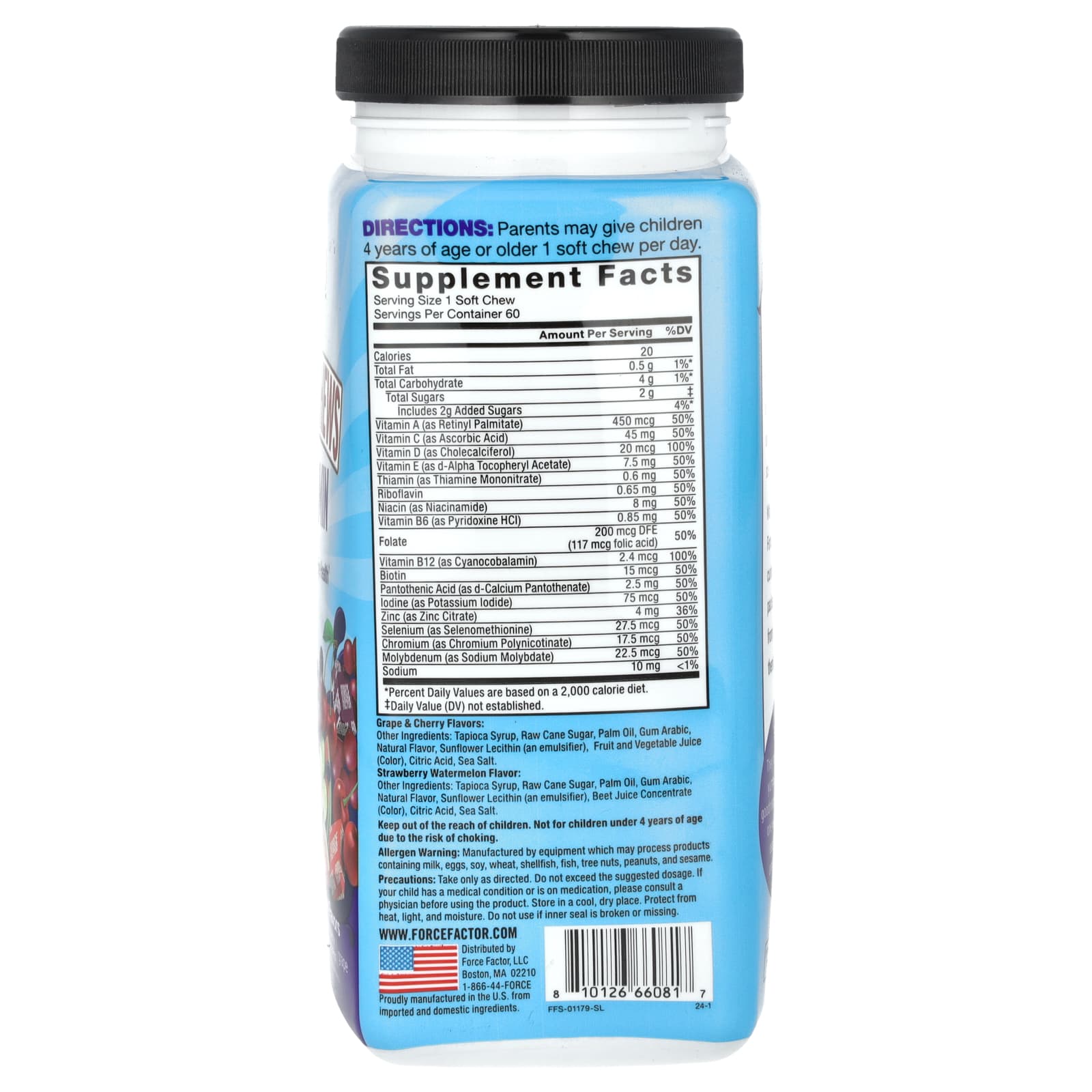 Force Factor, Kids, Super Chews Multivitamin, Cherry, Strawberry Watermelon, Grape, 60 Soft Chews