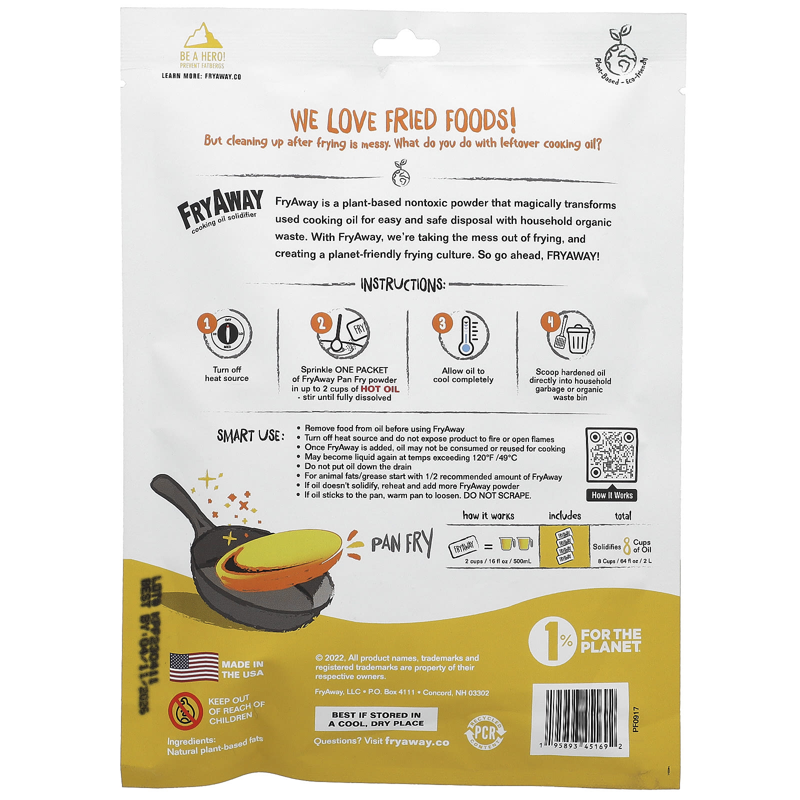 FryAway, Cooking Oil Solidifier, Pan Fry, 4 Packets, 2.1 oz (60 g)