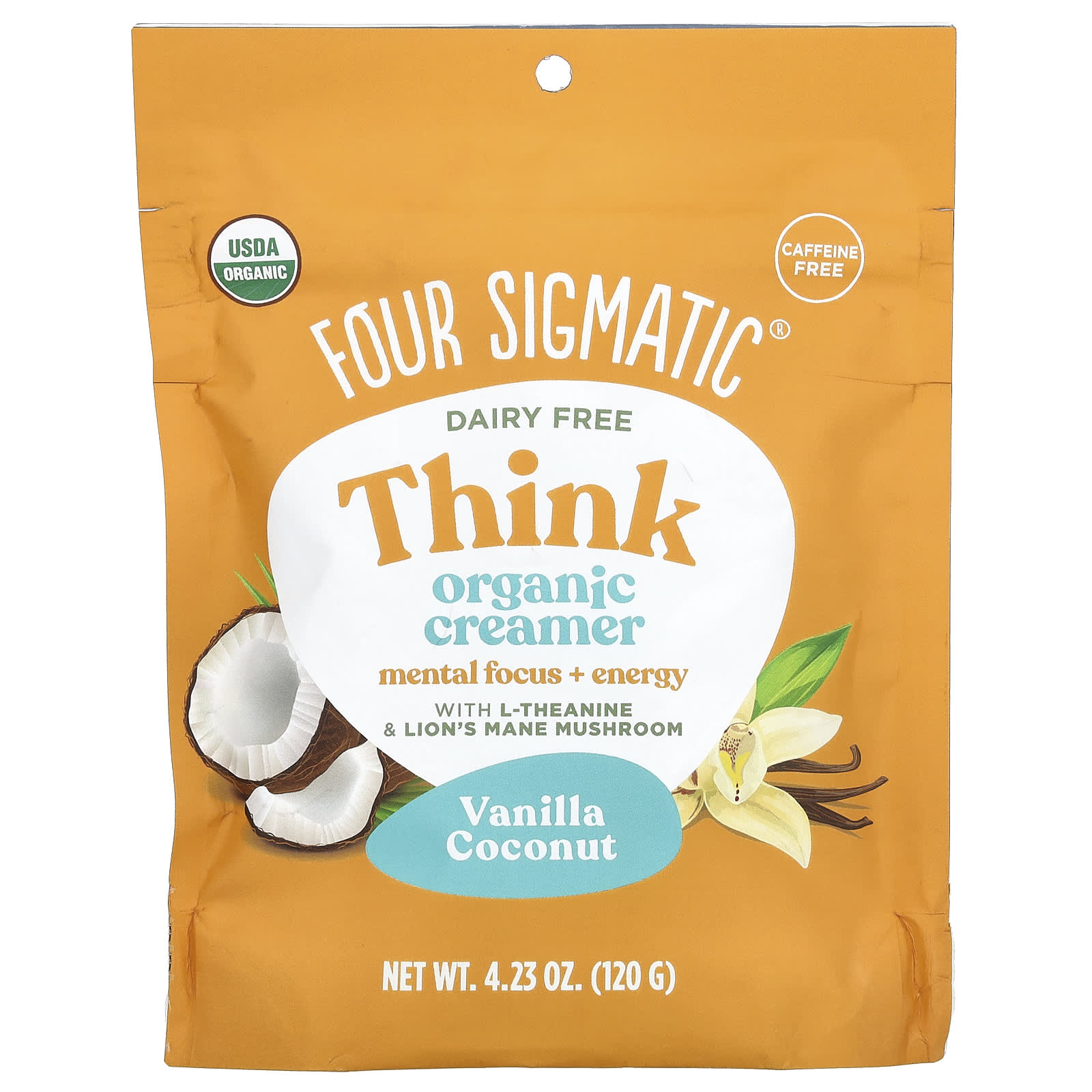 Four Sigmatic, Think Organic Creamer, Dairy Free, Vanilla Coconut, 4.23 ...