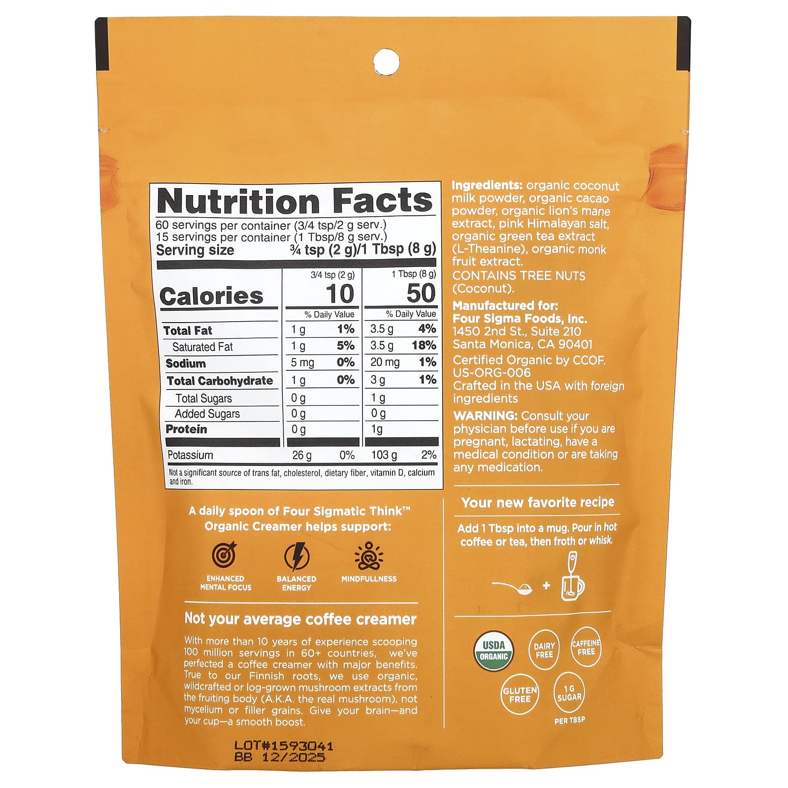 Four Sigmatic, Think Organic Creamer, Dairy Free, Cacao Coconut, 4.23 ...