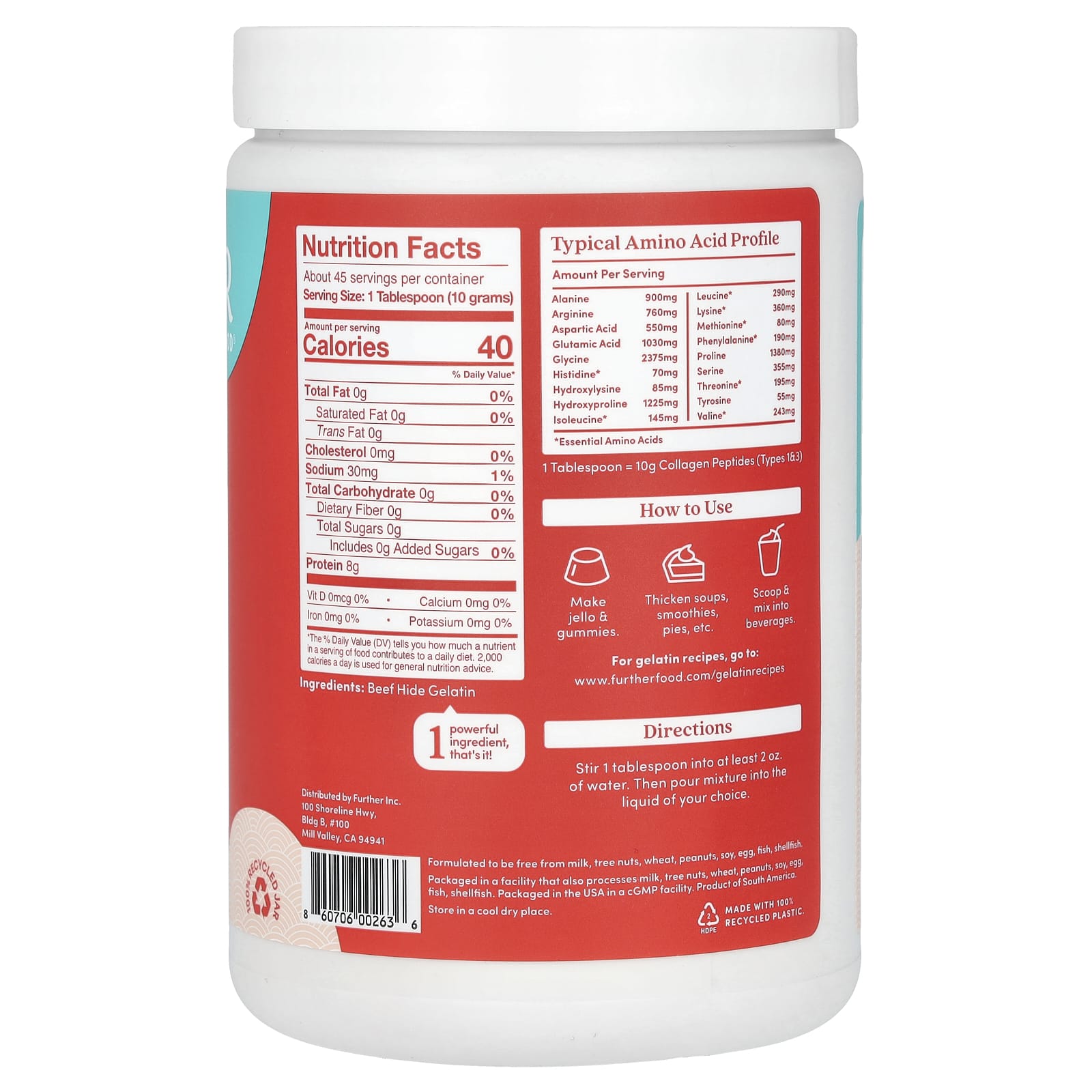 Further Food, Grass-Fed Gelatin Powder, Unflavored, 15.87 oz (450 g)