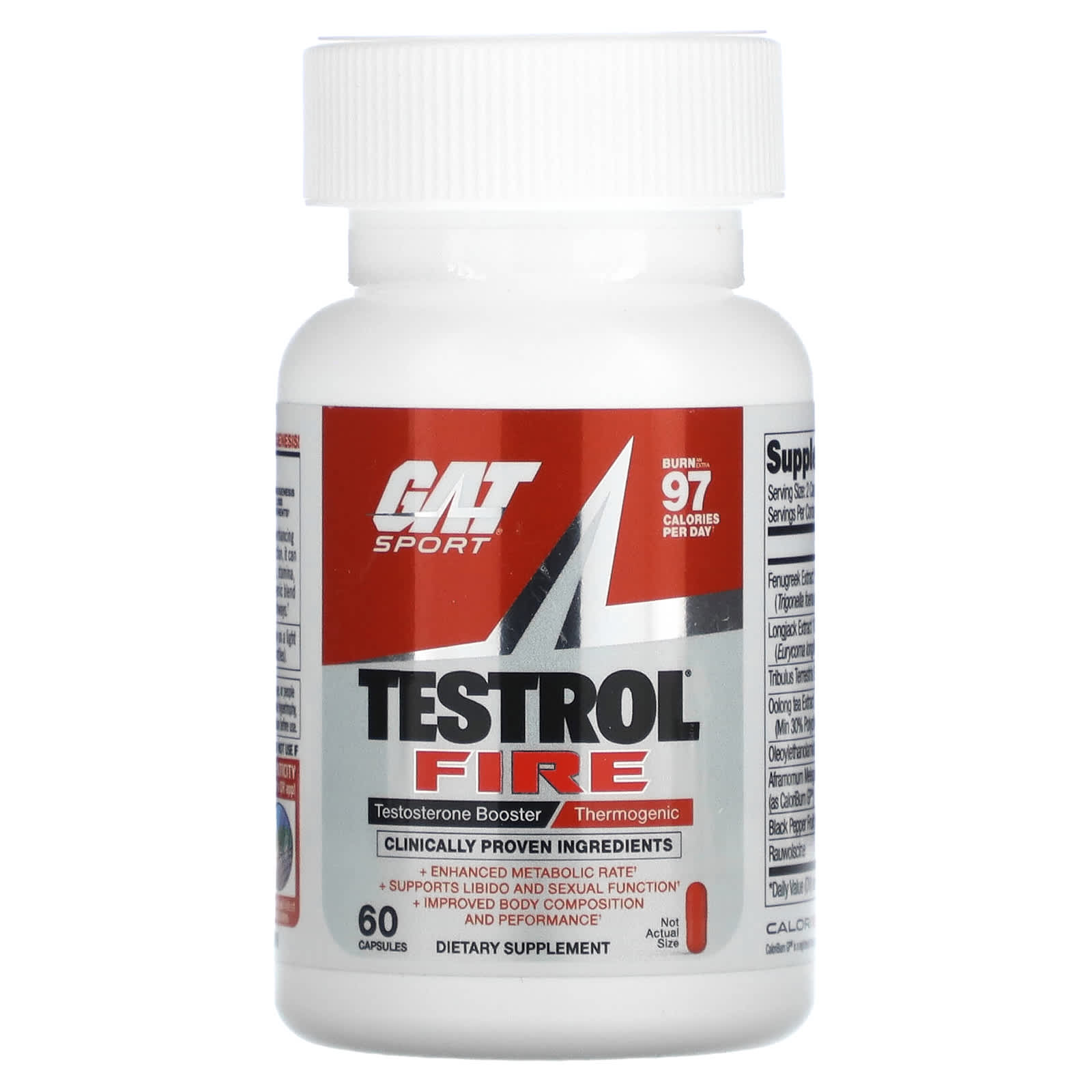 GAT, Testrol Fire, Potenciador de testosterona, Termogénico, 60 cápsulas