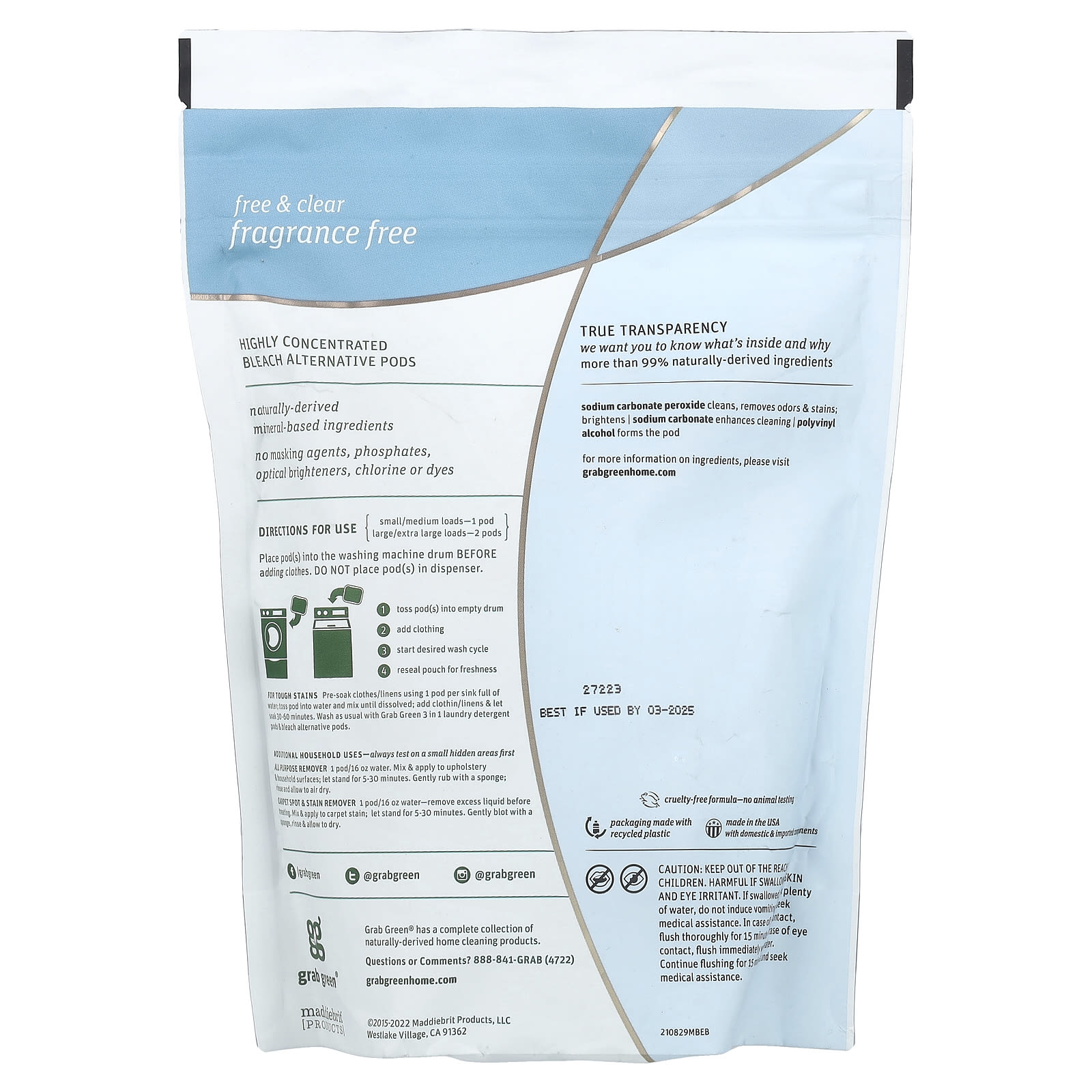 Grab Green, Bleach Alternative Powder Detergent Pods, Fragrance Free ...