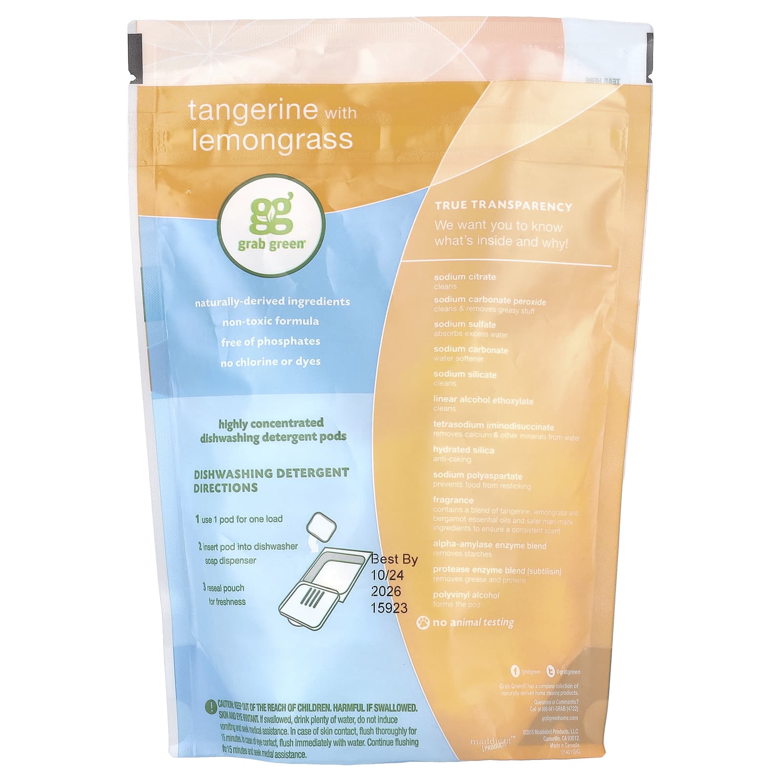 Grab Green, Automatic Dishwashing Detergent Pods, Tangerine with ...