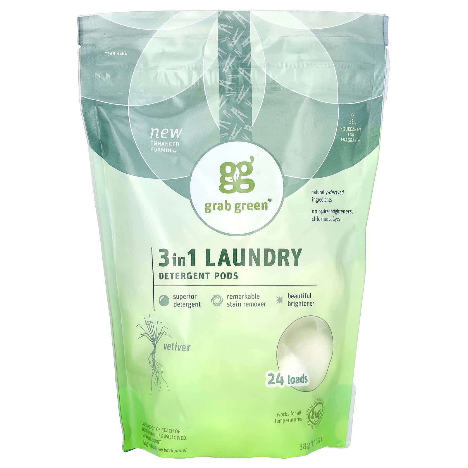 Grab Green, 3 in 1 Laundry Detergent Pods, Vetiver, 24 Loads, 13.5 oz ...