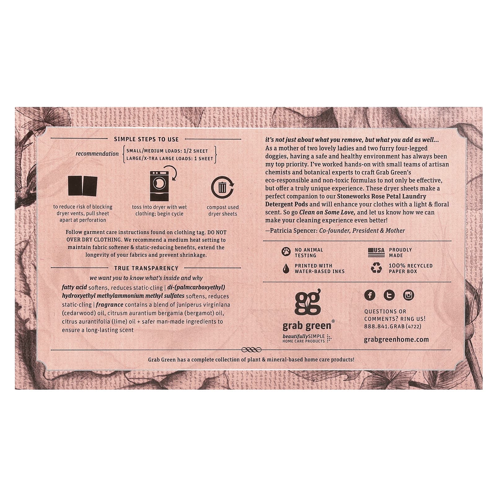 Grab Green, Stoneworks, Dryer Sheets, Rose Petal, 80 Compostable Sheets