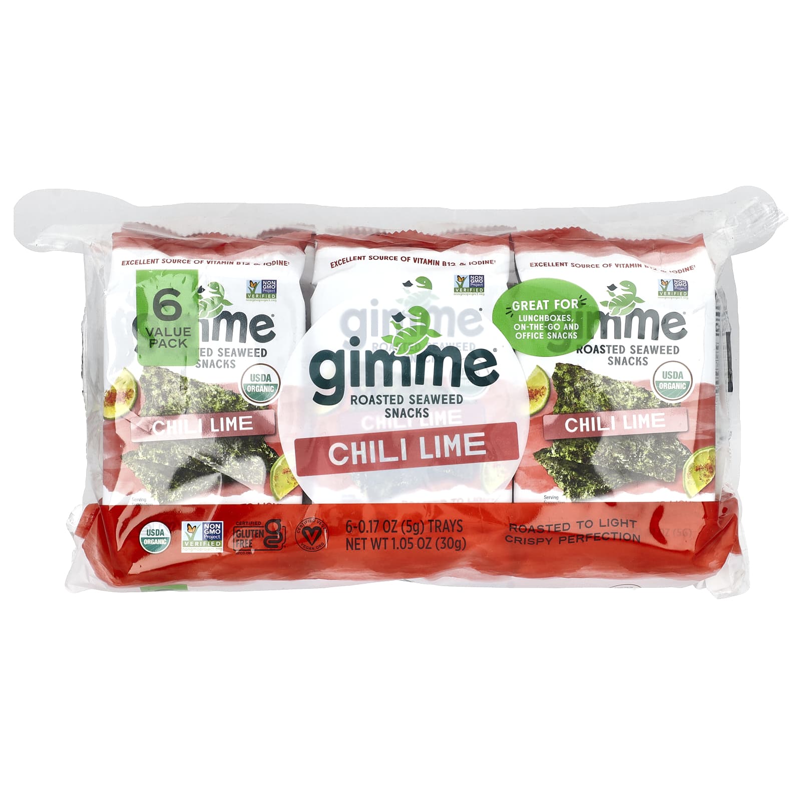 gimMe, Roasted Seaweed Snacks, Chili Lime, 6 Pack, 0.17 oz (5 g) Each