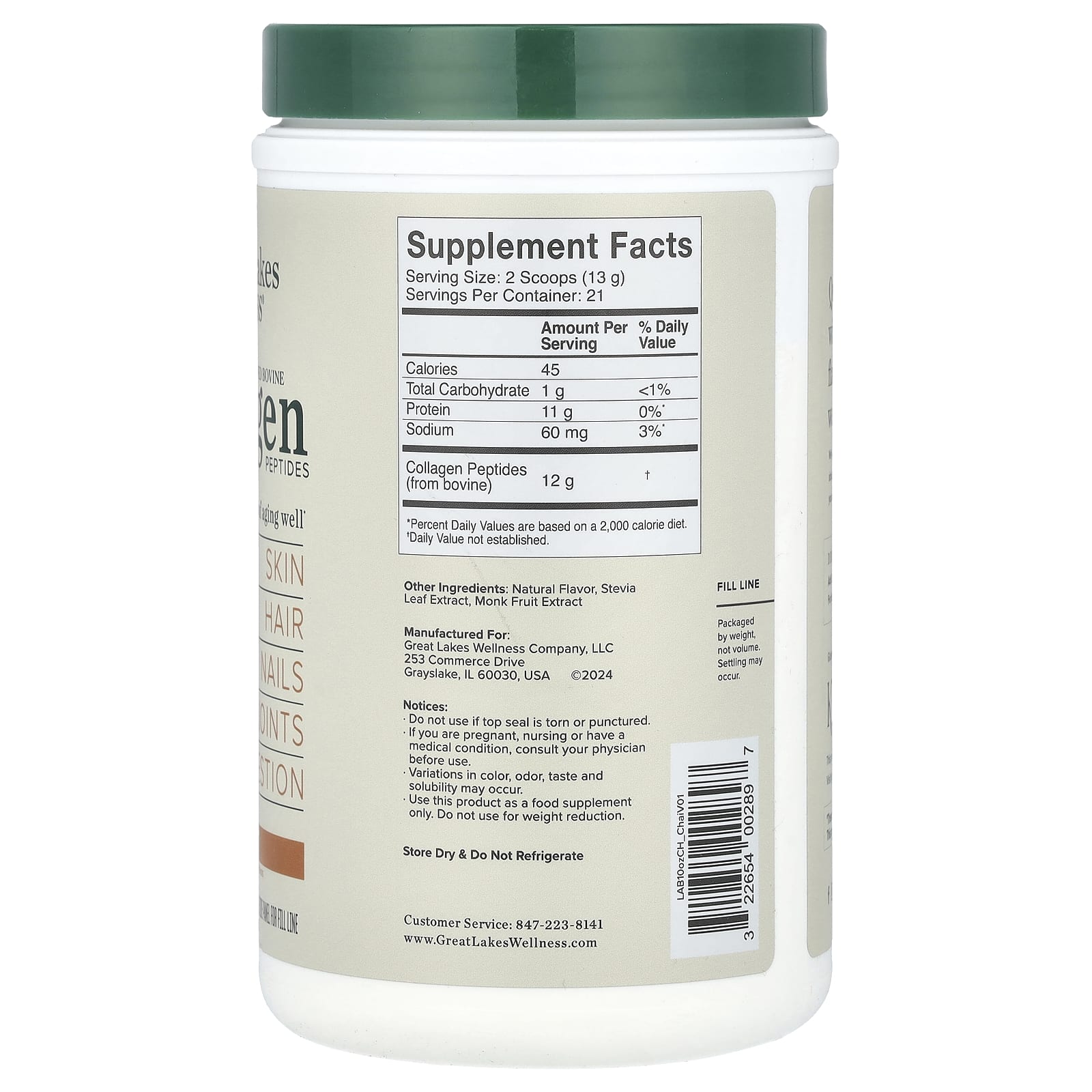 Great Lakes Wellness, Grass-Fed Bovine Collagen Peptides, Chai, 10 oz (284 g)