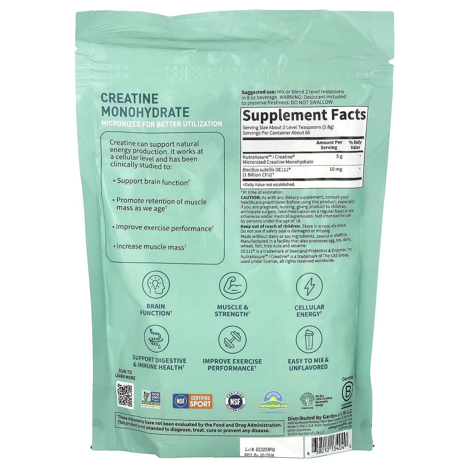 Garden of Life, Sport, Creatine Monohydrate + Probiotics, Unflavored ...