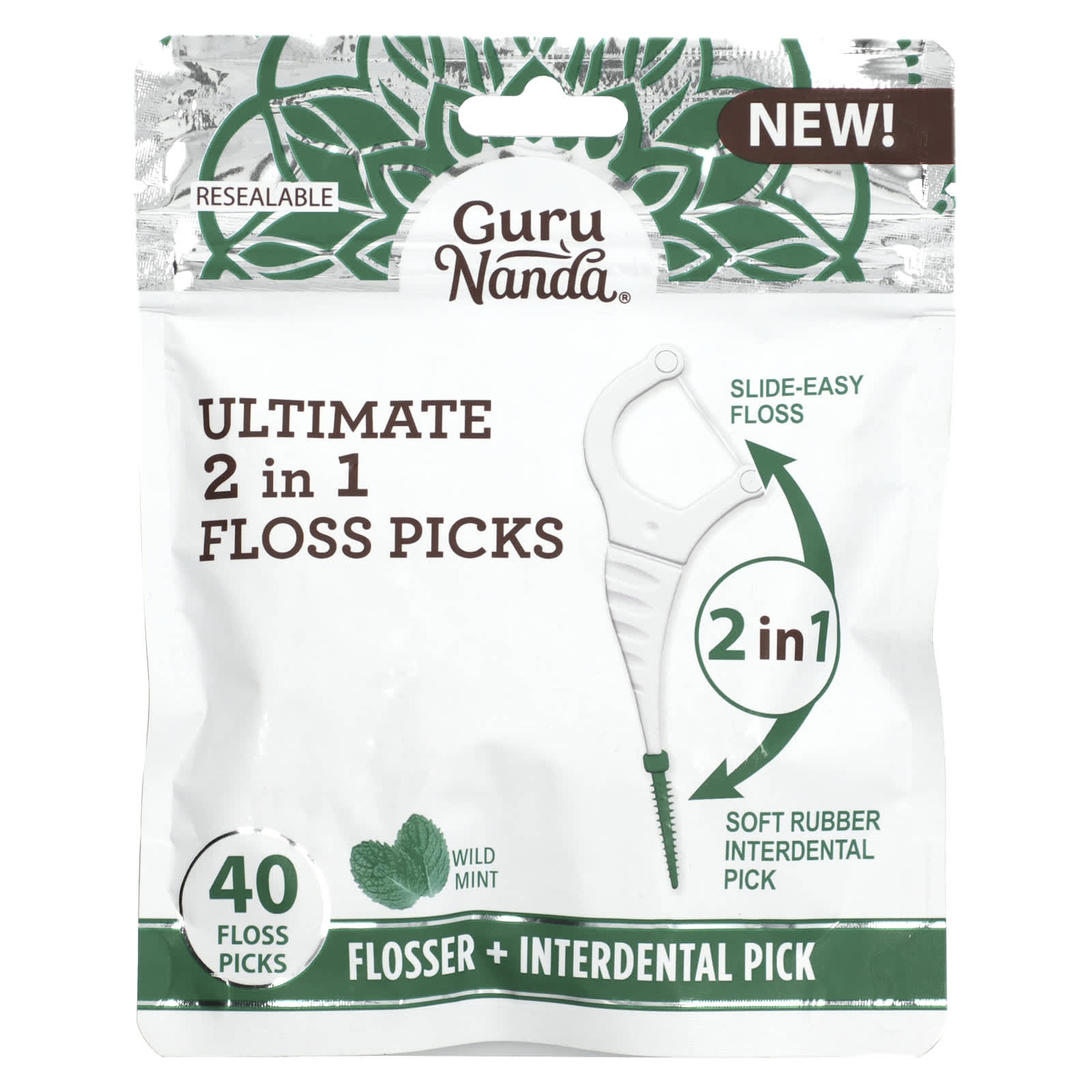 GuruNanda, Ultimate 2 in 1 Floss Picks, Wild Mint , 40 Floss picks
