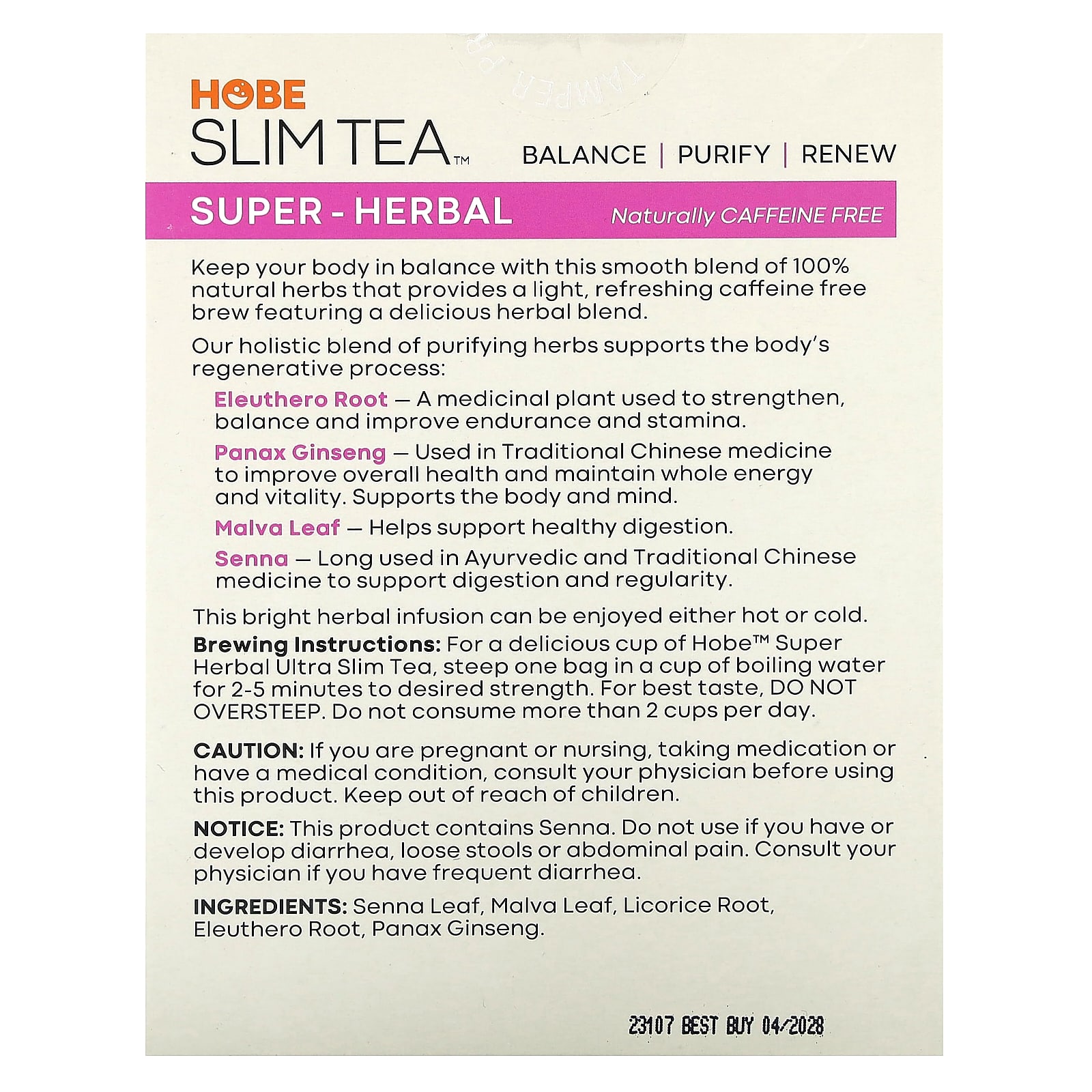Hobe Labs, Ultra Slim Tea, Super Herbal, Caffeine Free, 24 Herbal Tea ...