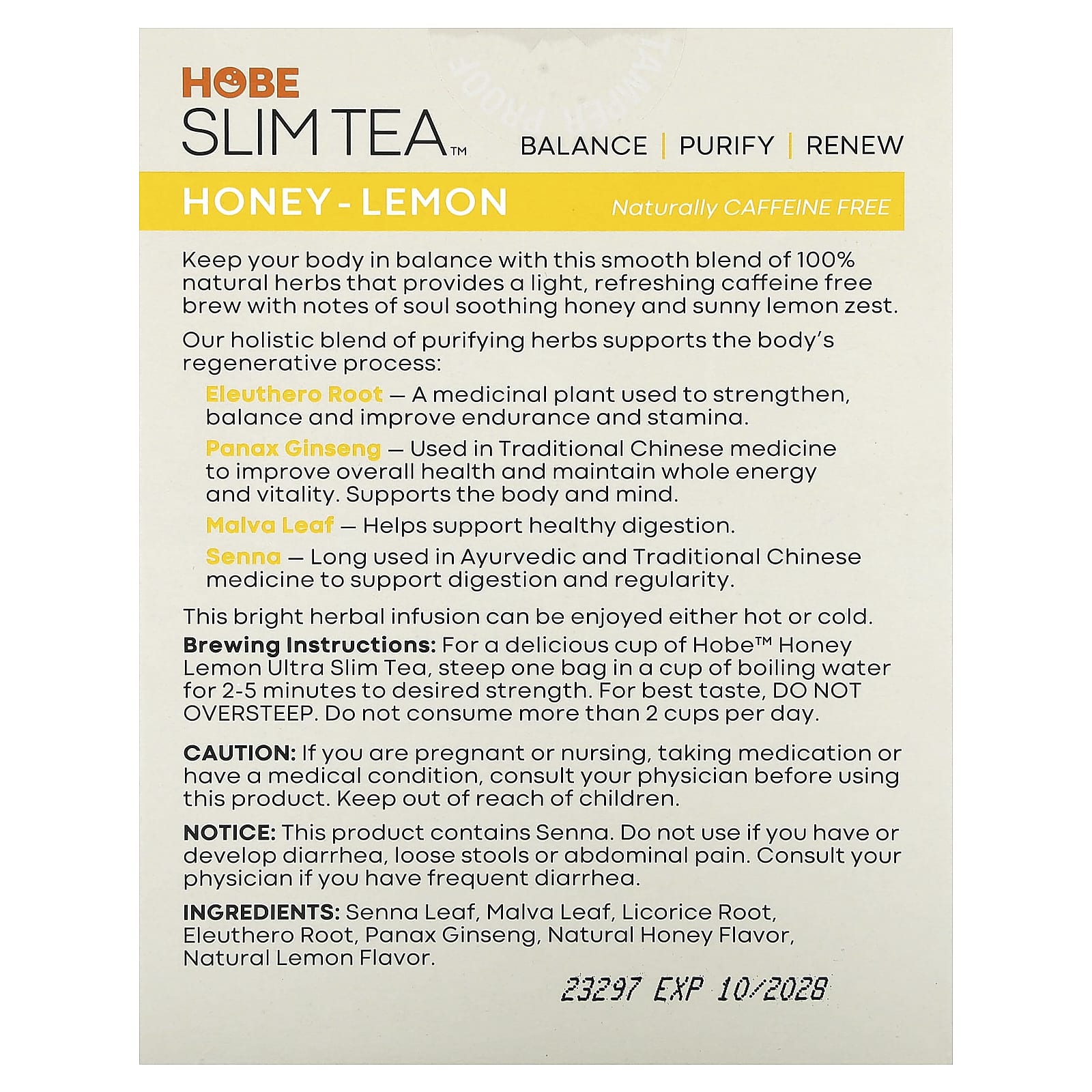 Hobe Labs, Ultra Slim Tea, Honey Lemon, Caffeine Free, 24 Herbal Tea ...