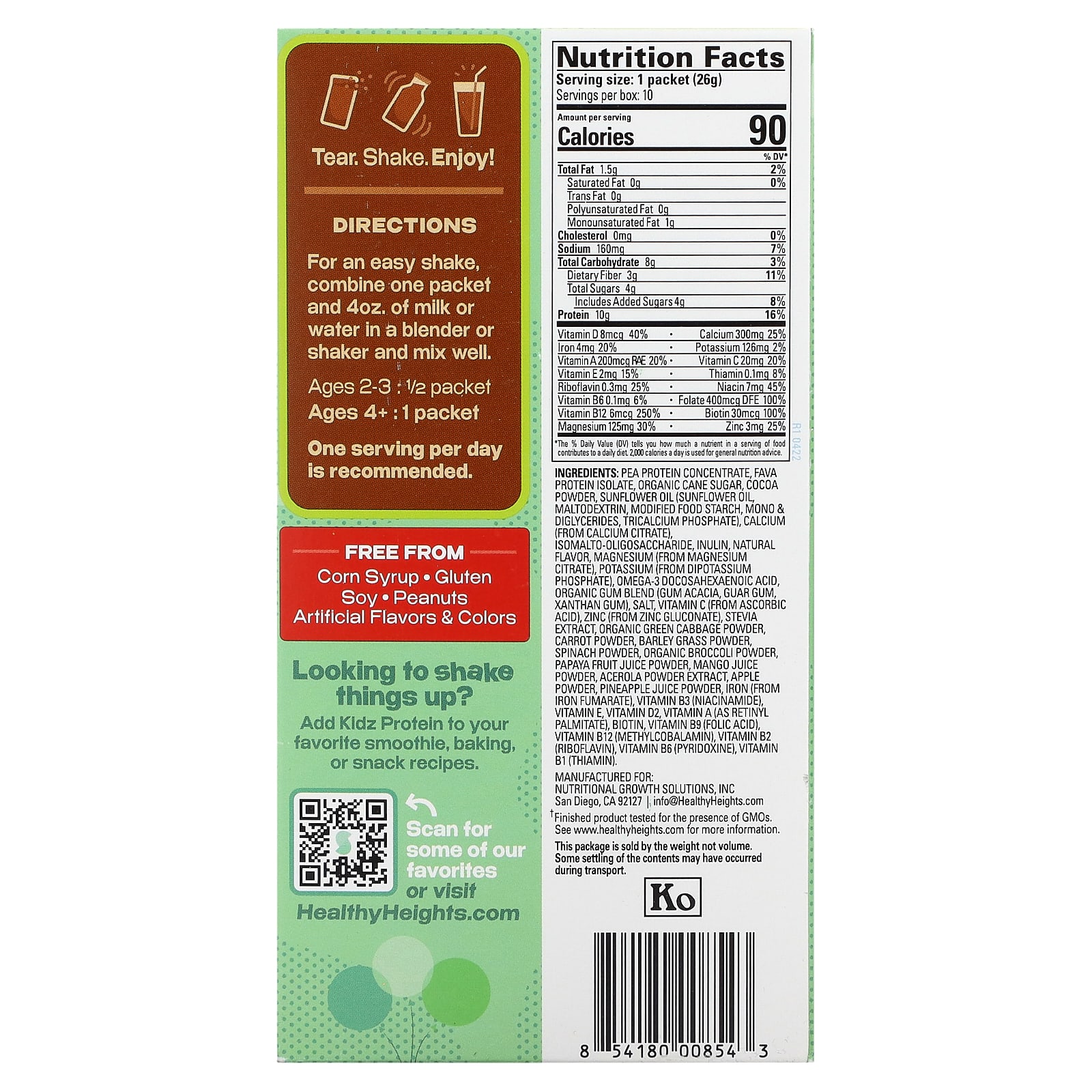 Healthy Heights, Vegan Kidz Protein, For Kids 2+, Chocolate, 10 Single ...