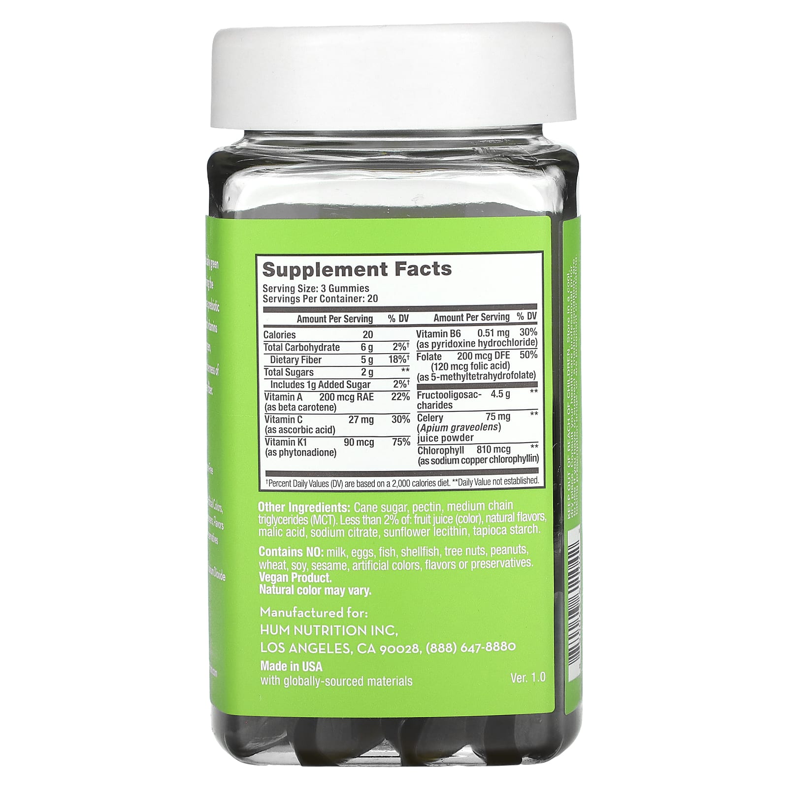 HUM Nutrition, Celery Juice Fiber Gummies, Green Apple, 5 g, 60 Vegan ...