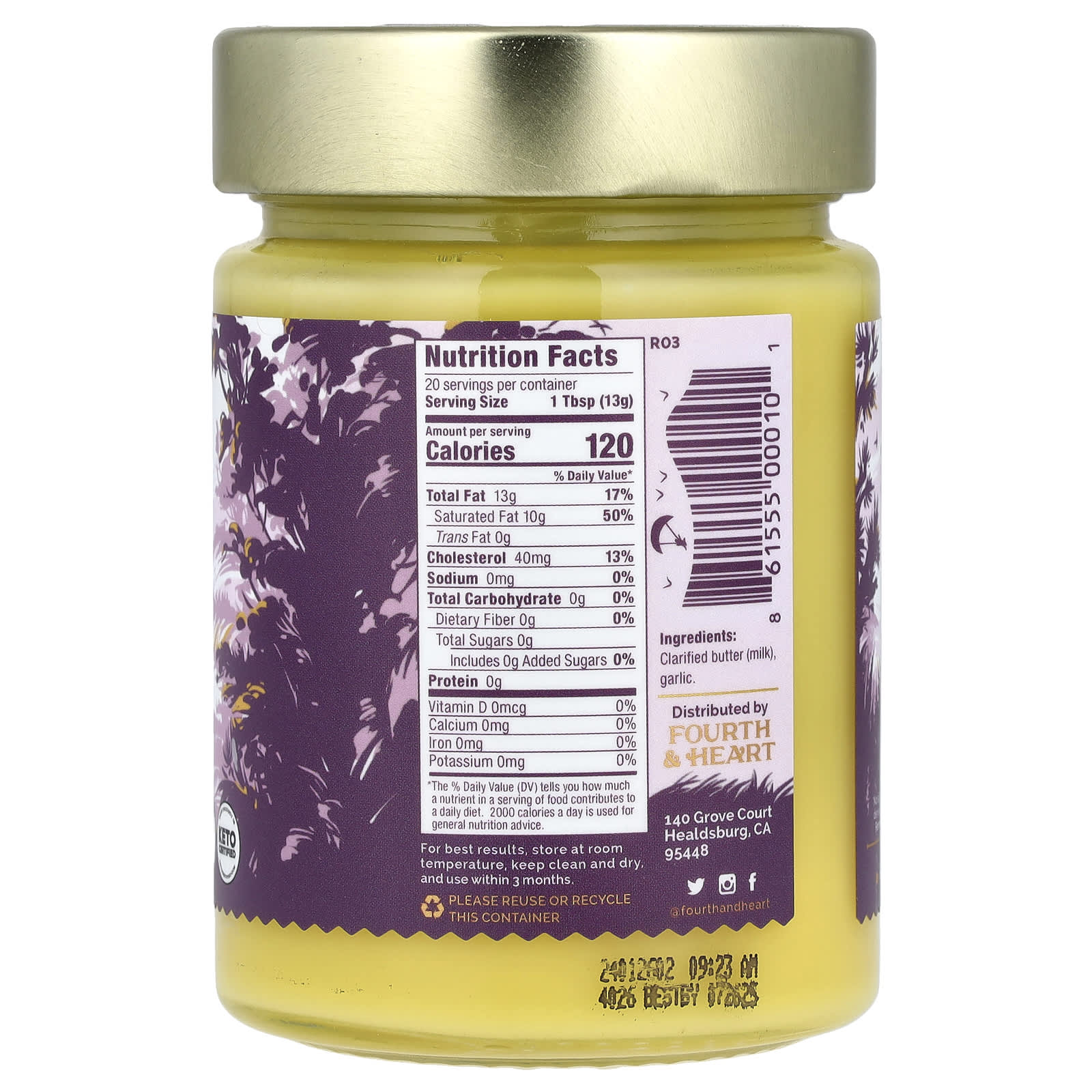 4th & Heart, Ghee Clarified Butter, Grass-Fed, Garlic, 9 oz (255 g)