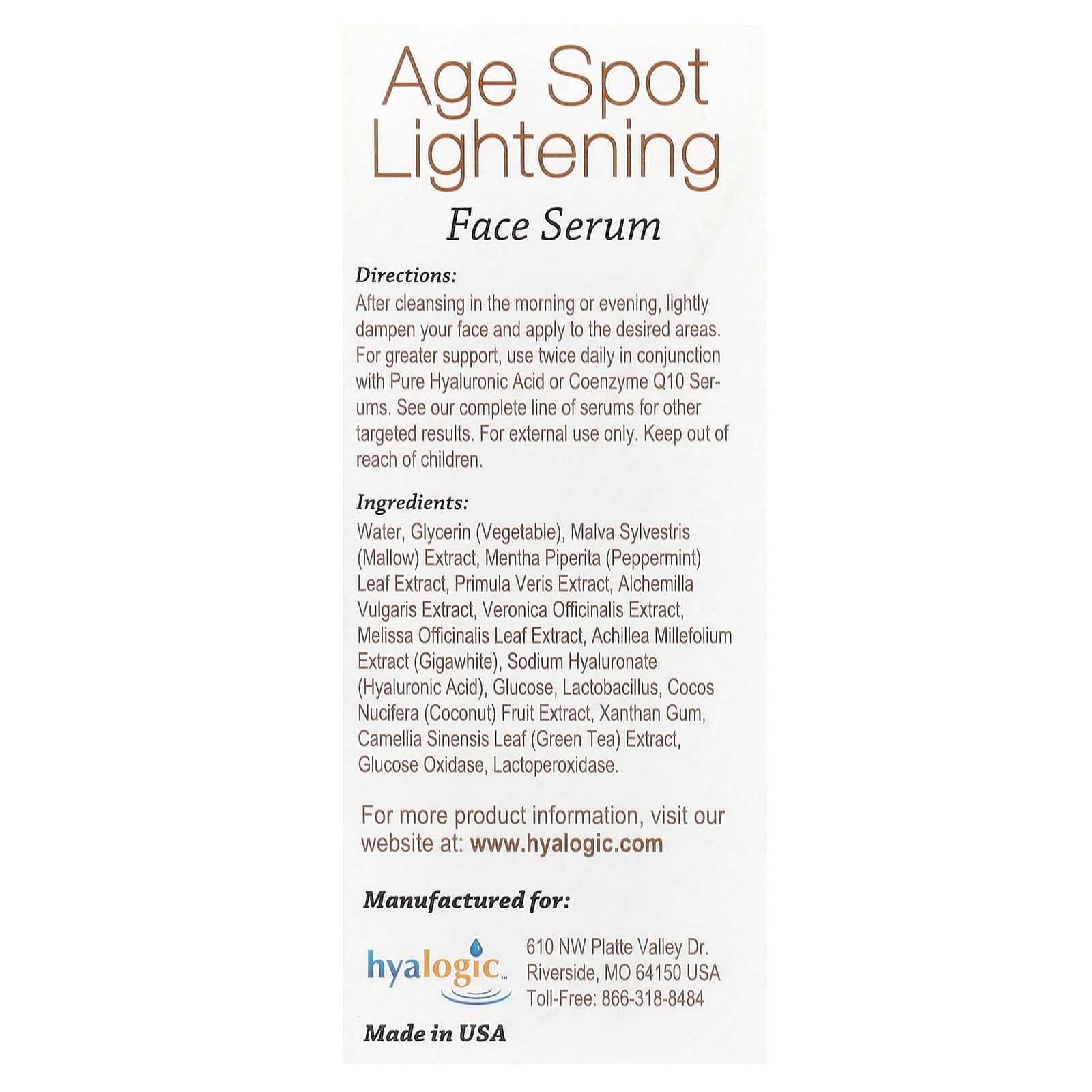 Hyalogic, Age Spot Lightening Face Serum with Hyaluronic Acid ...