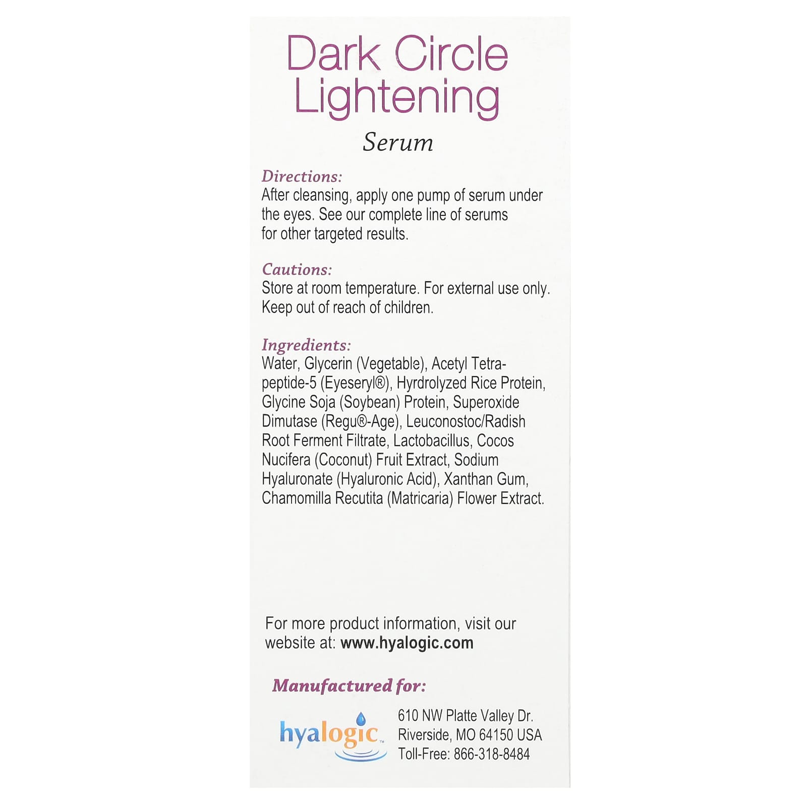 Hyalogic, Dark Circle Lightening Serum with Hyaluronic Acid & Eyeseryl ...