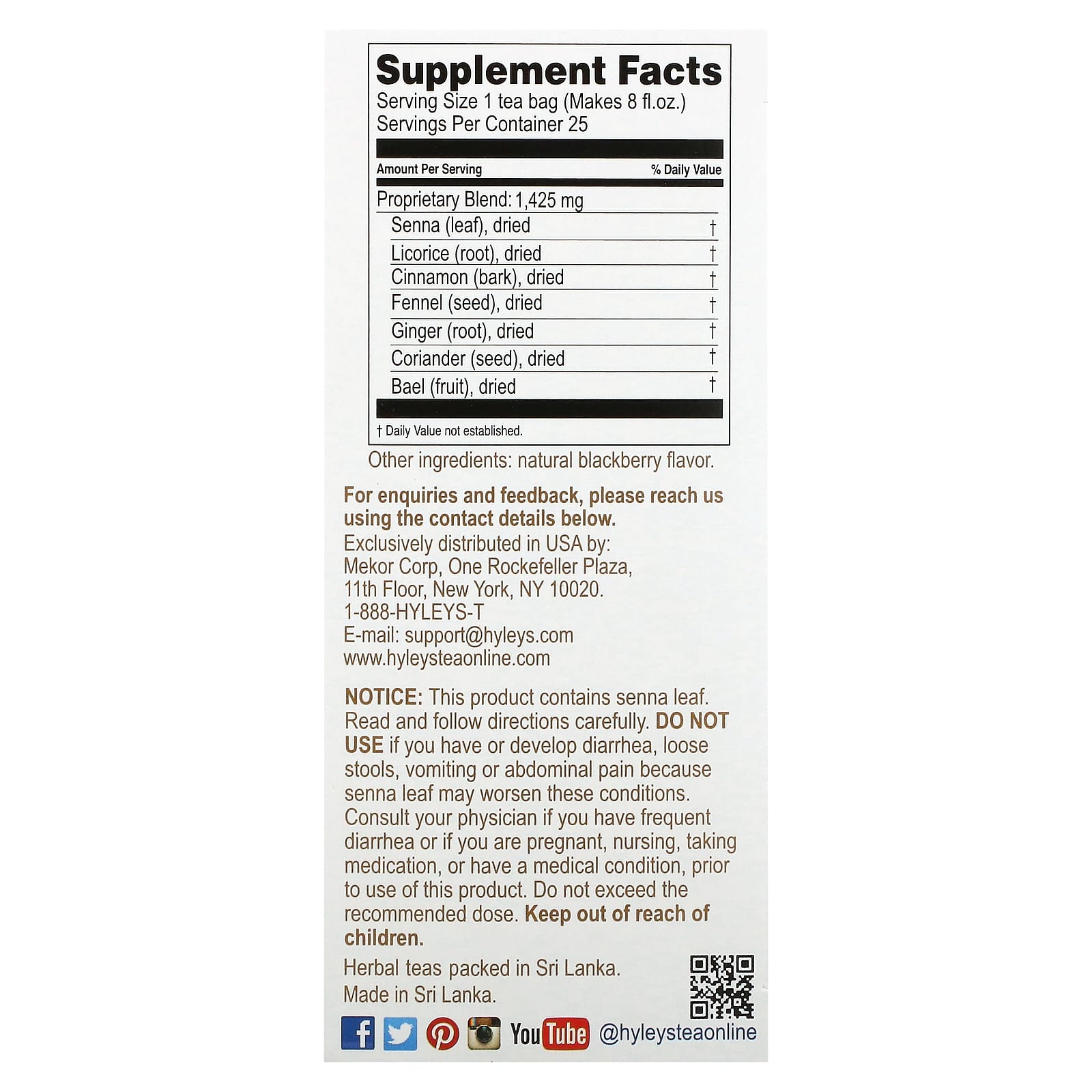 Hyleys Tea, Colon Cleanse, Blackberry, Caffeine Free, 25 Tea Bags, 1.32 ...