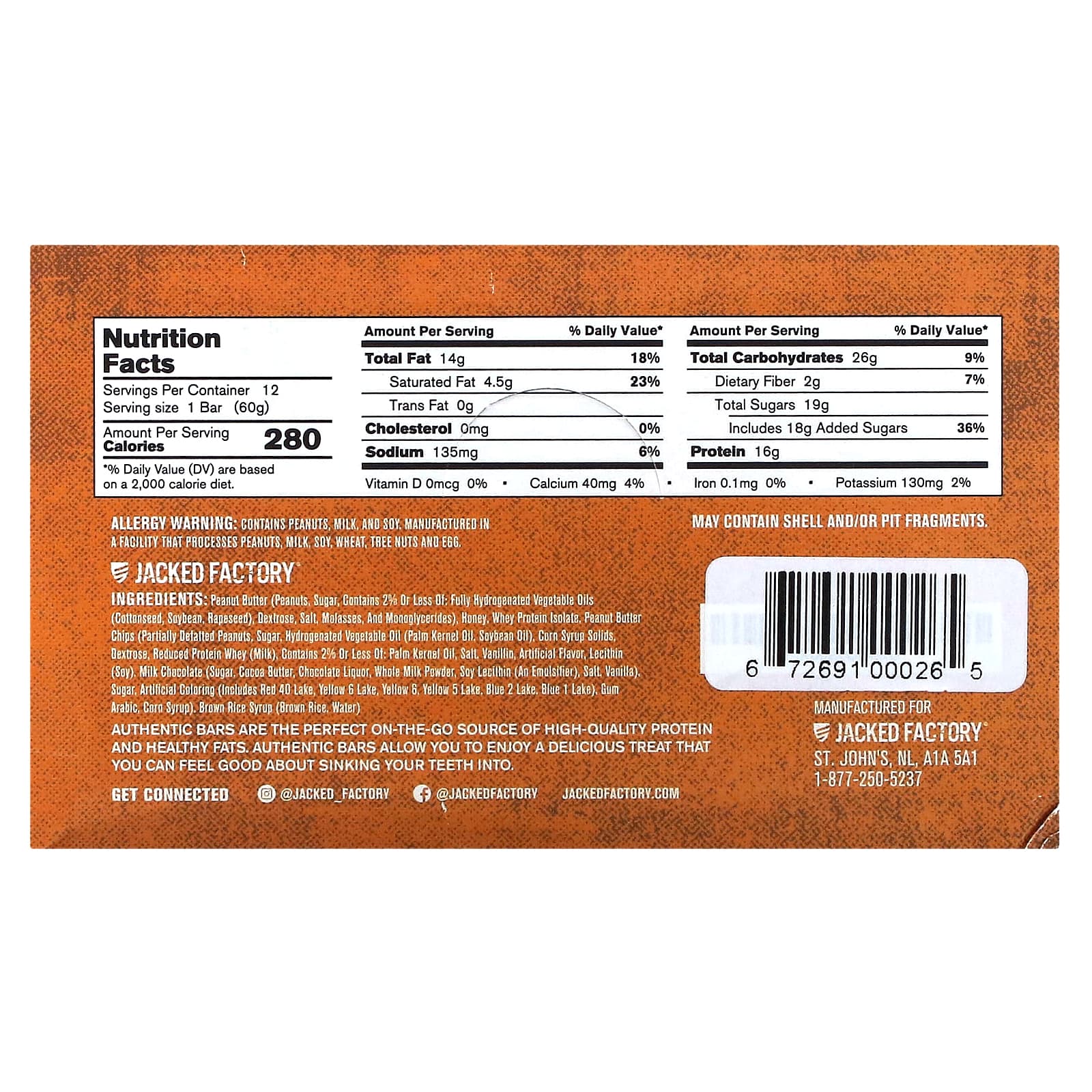 Jacked Factory, Authentic Bar, Protein Bar, Peanut Butter Candy, 12 ...