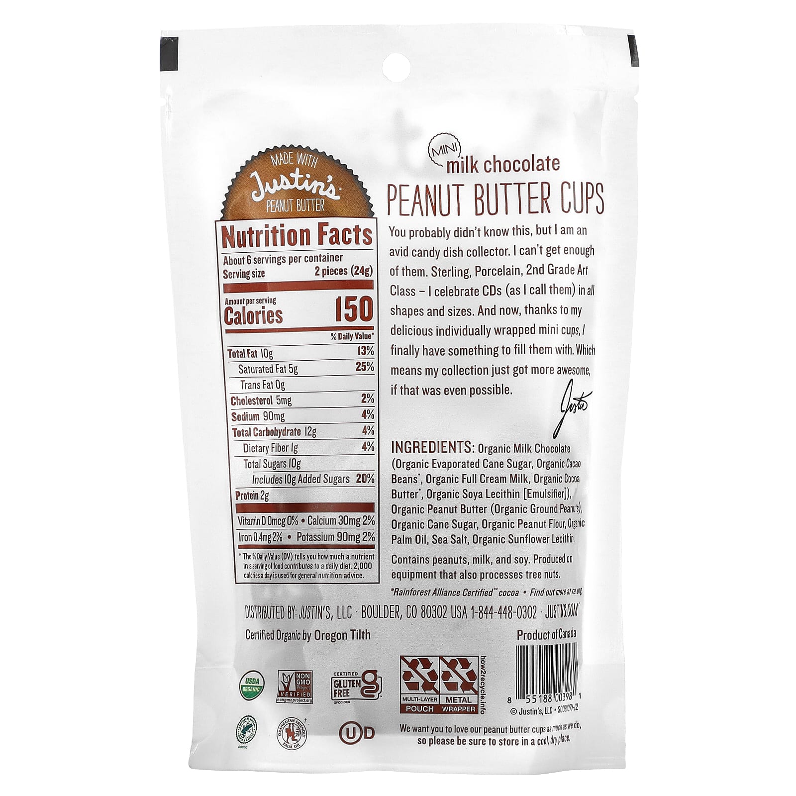 Justin's Nut Butter, Organic Mini Milk Chocolate Peanut Butter Cups, 4. ...