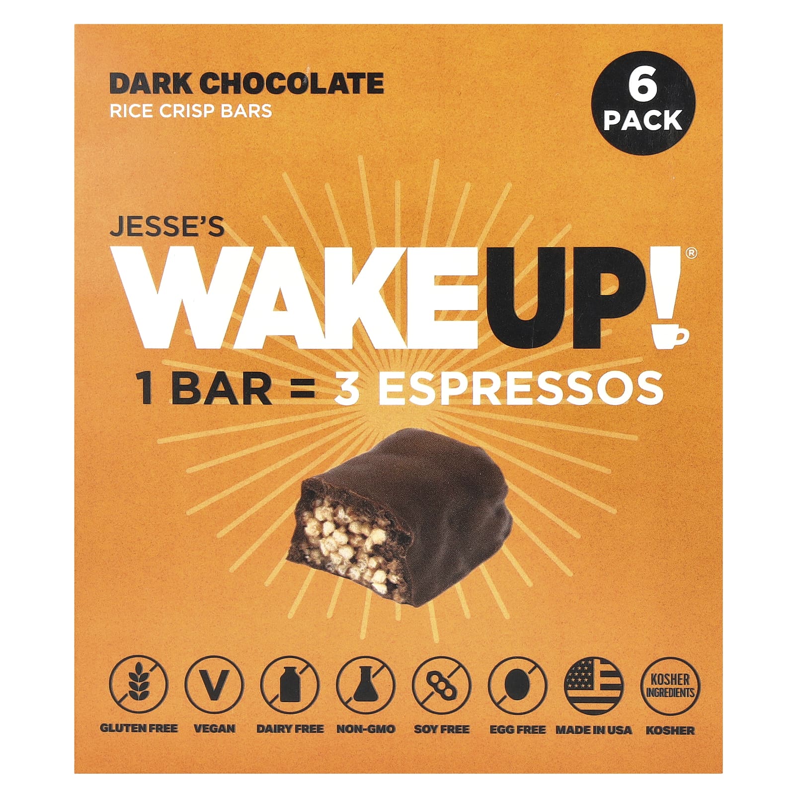 Jesse's WAKEUP!, Rice Crisp Bars, Dark Chocolate, 6 Pack, 1.13 oz (32 g)