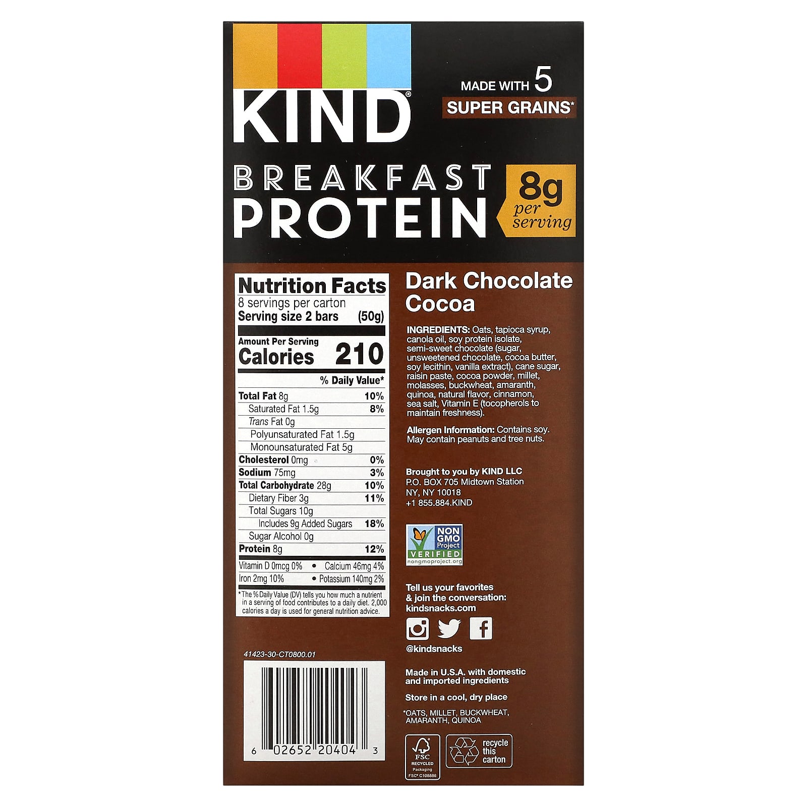 KIND Bars, Breakfast Protein, Dark Chocolate Cocoa, 8 Pack of 2 Bars, 1 ...